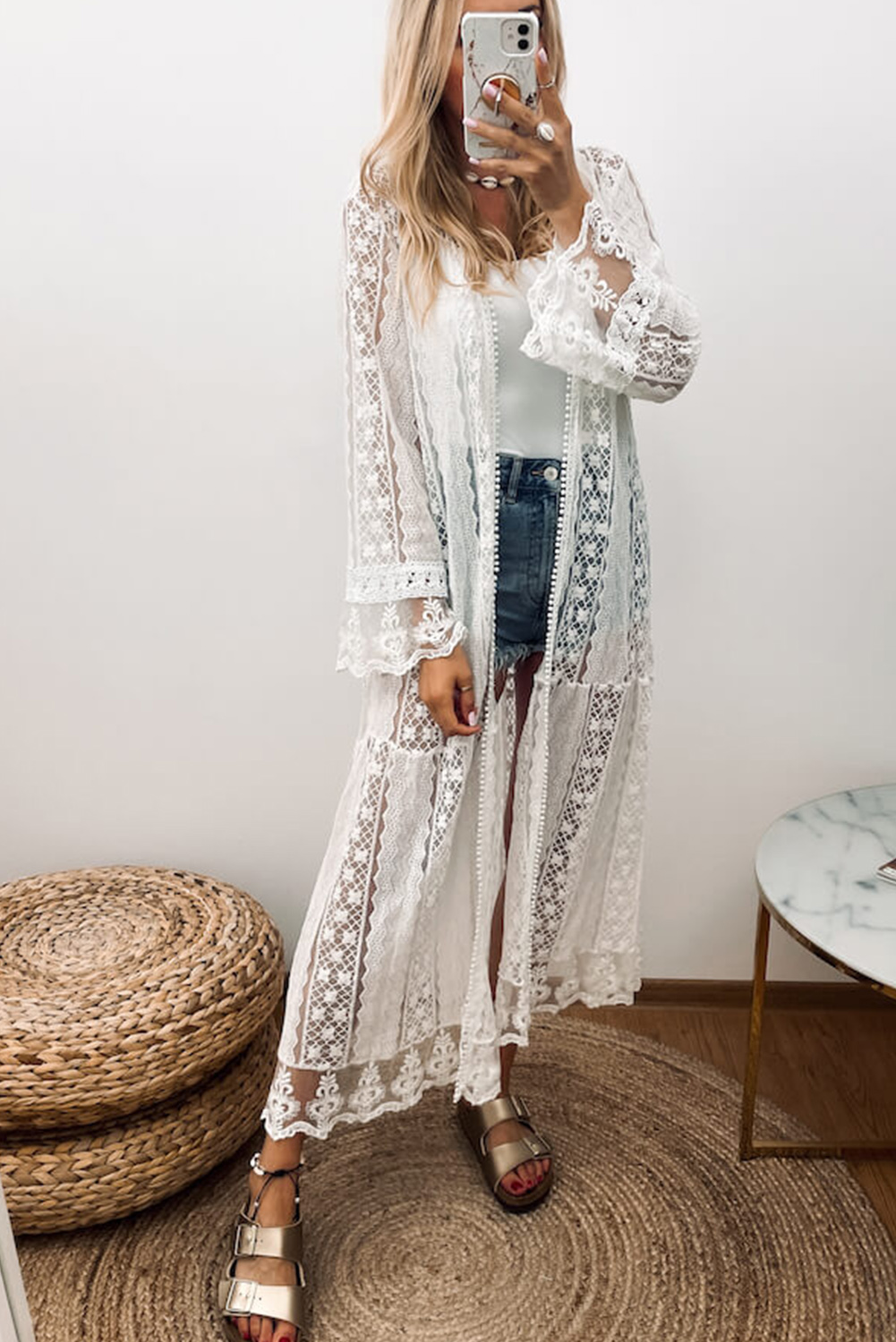 $8.89 White Lace Crochet Mesh Long Sleeve Duster Kimono Wholesale