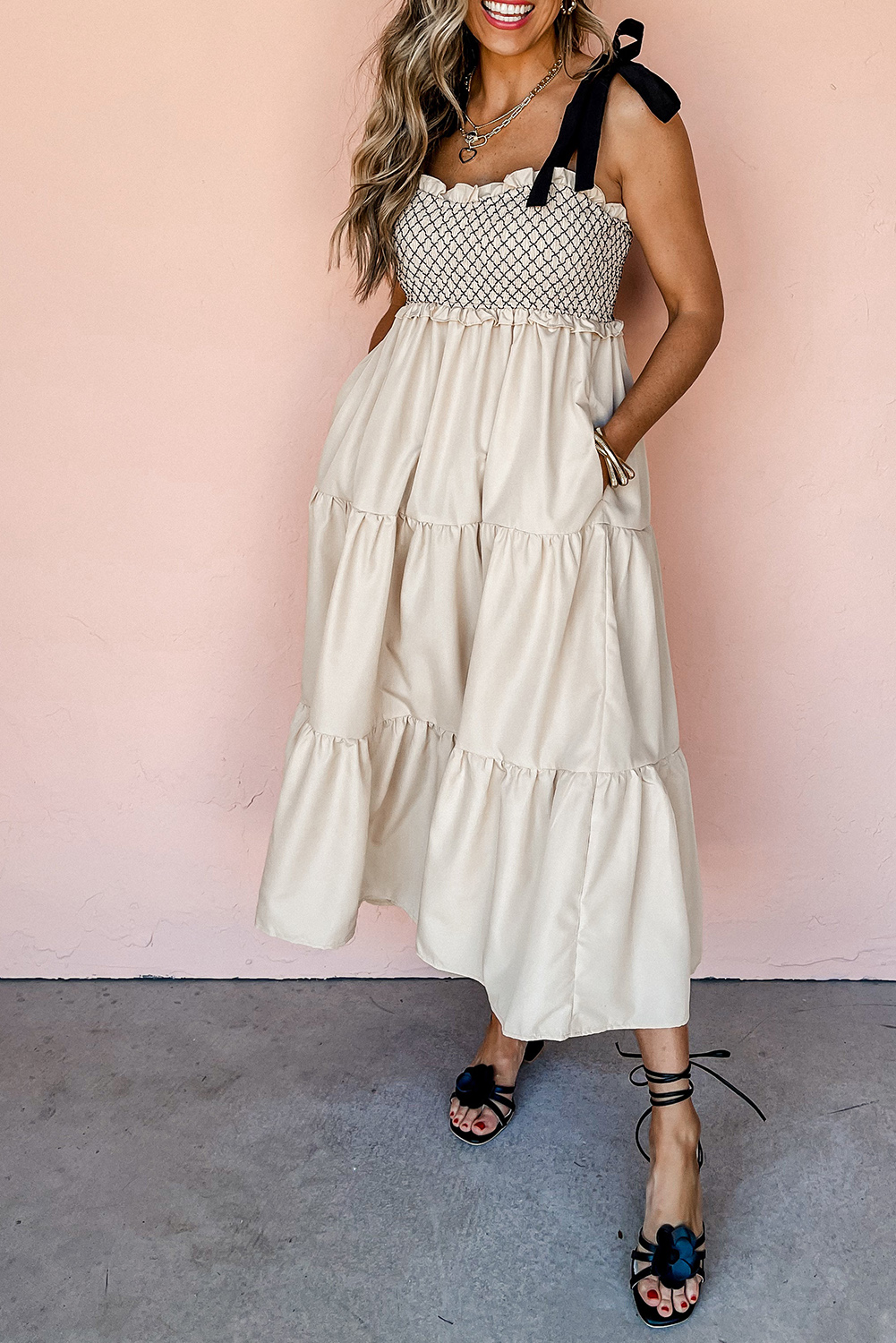 $12.89 Beige Contrast Smocked Bodice Tied Straps Ruffle Tiered Maxi ...