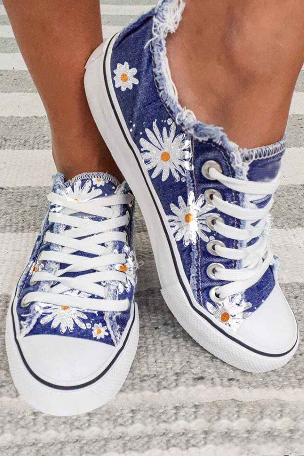 $6.65 Sky Blue Frayed Denim Daisy Print Lace-up Shoes Wholesale