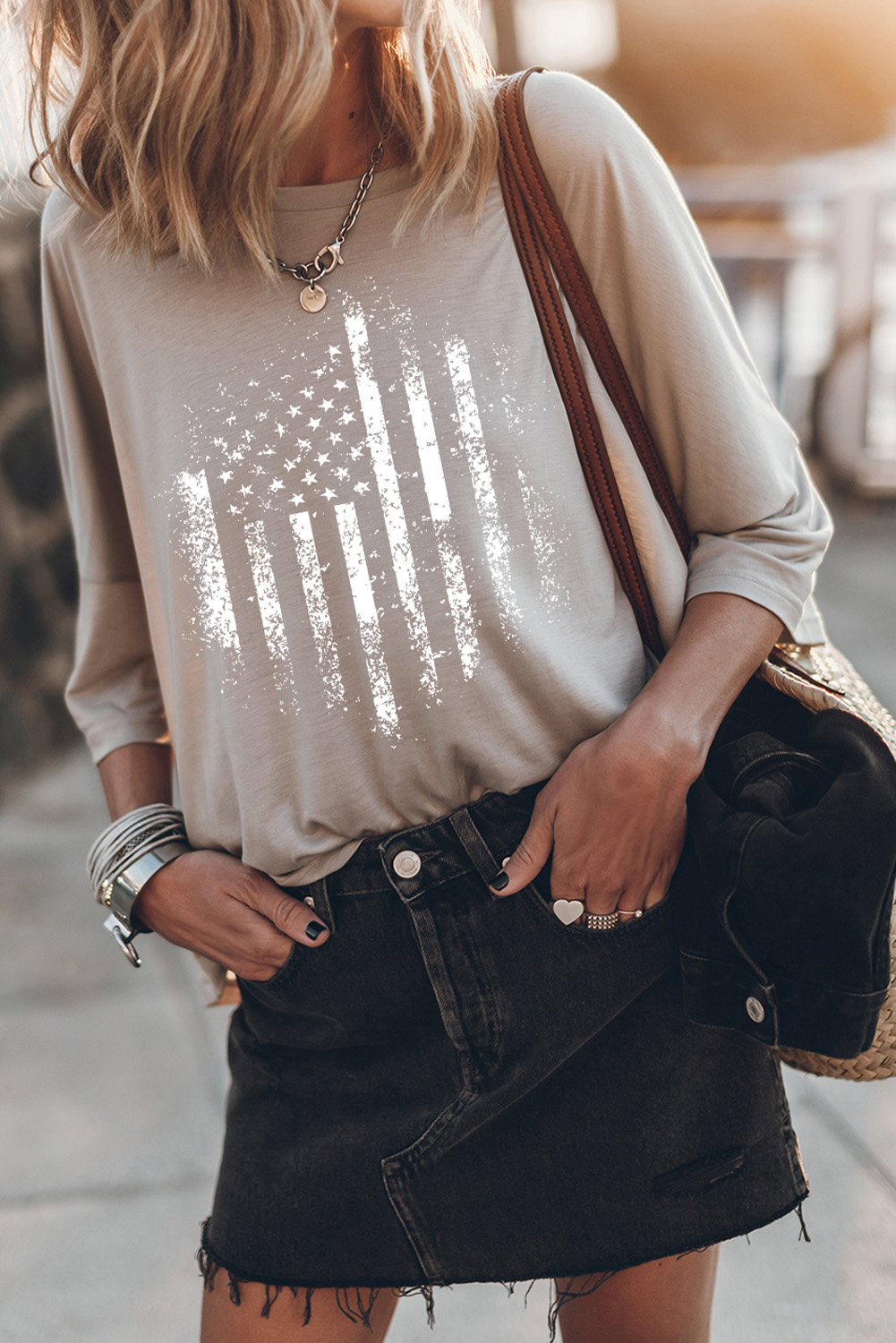 $6.06 Gray American Flag Print Loose Fit 3/4 Sleeve Top Wholesale
