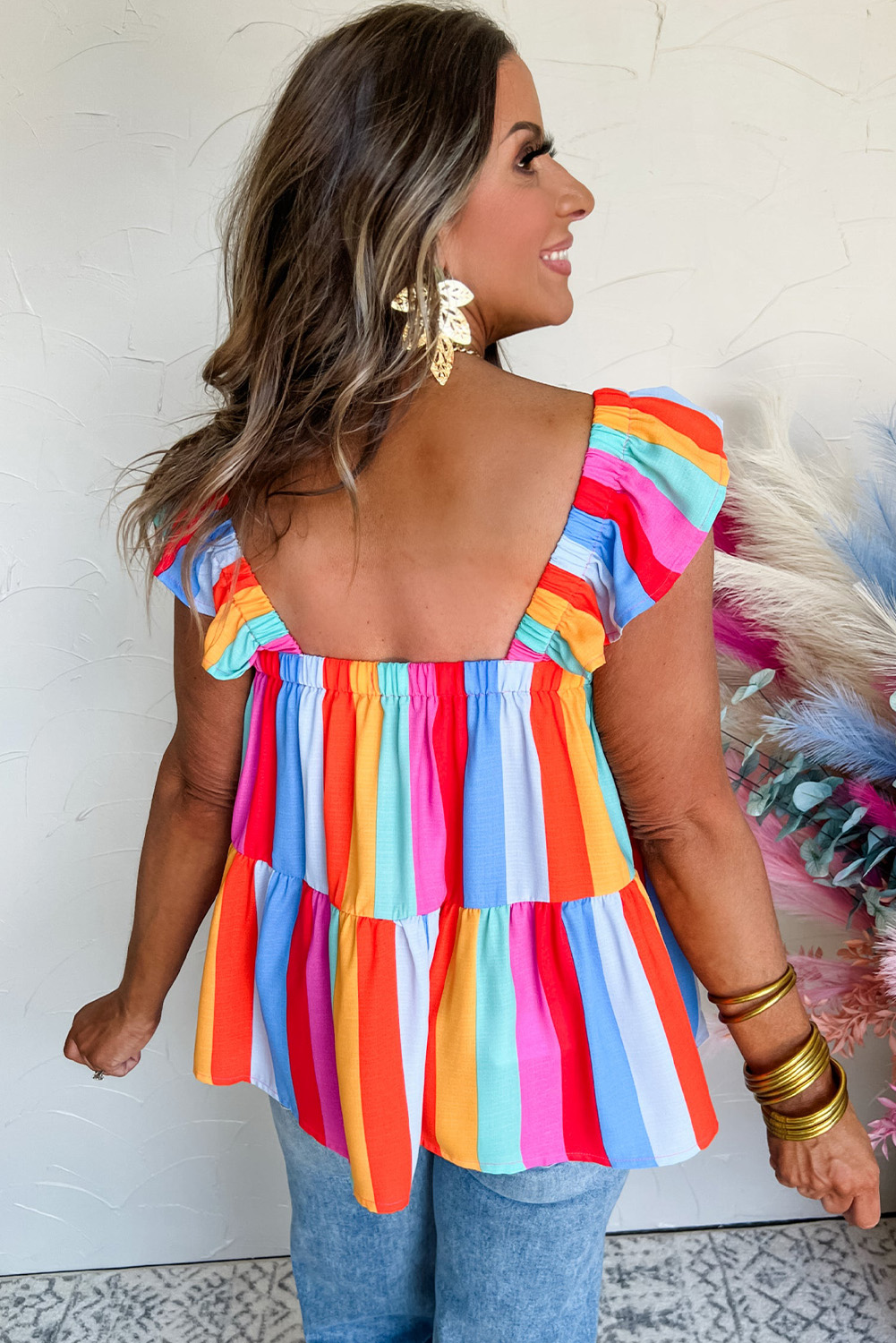 $4.35 Red Stripe Ruffled Straps Babydoll Tank Top Wholesale