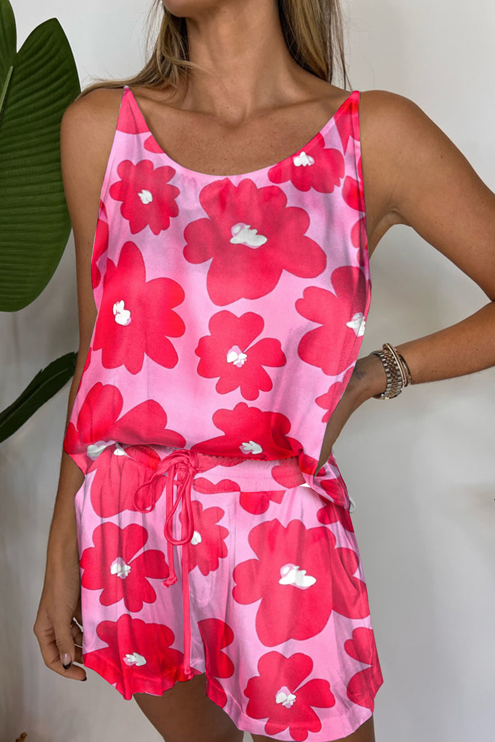 $10.49 Pink Flower Print Tank Top and Shorts Lounge Set Wholesale