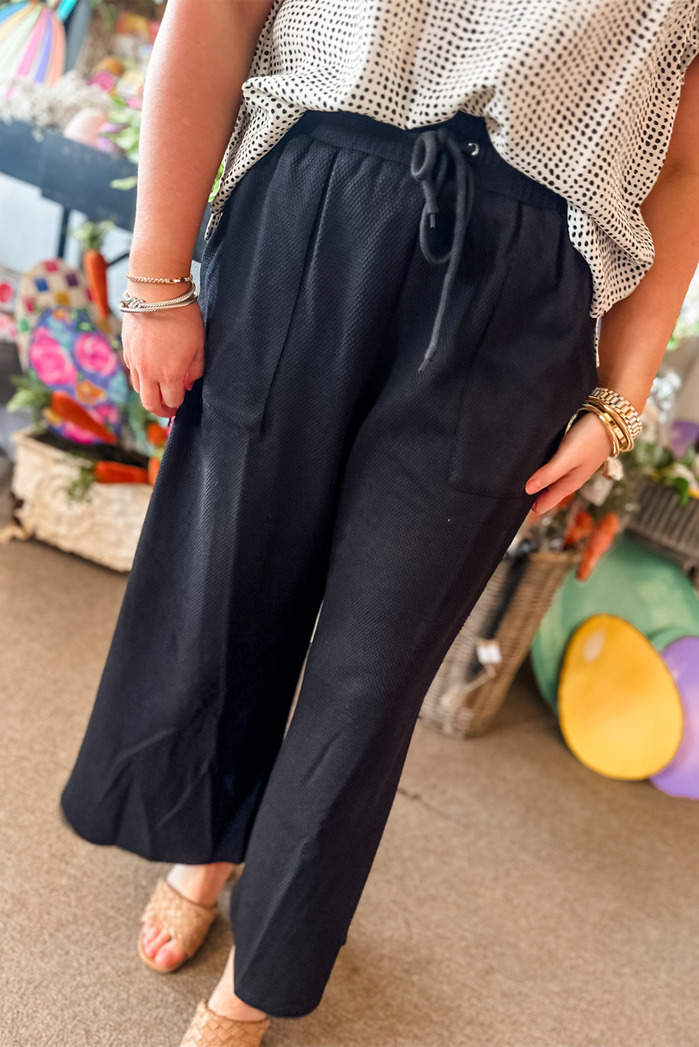 $7.29 Black Textured Large Side Pockets Knotted Wide Leg Pants Wholesale