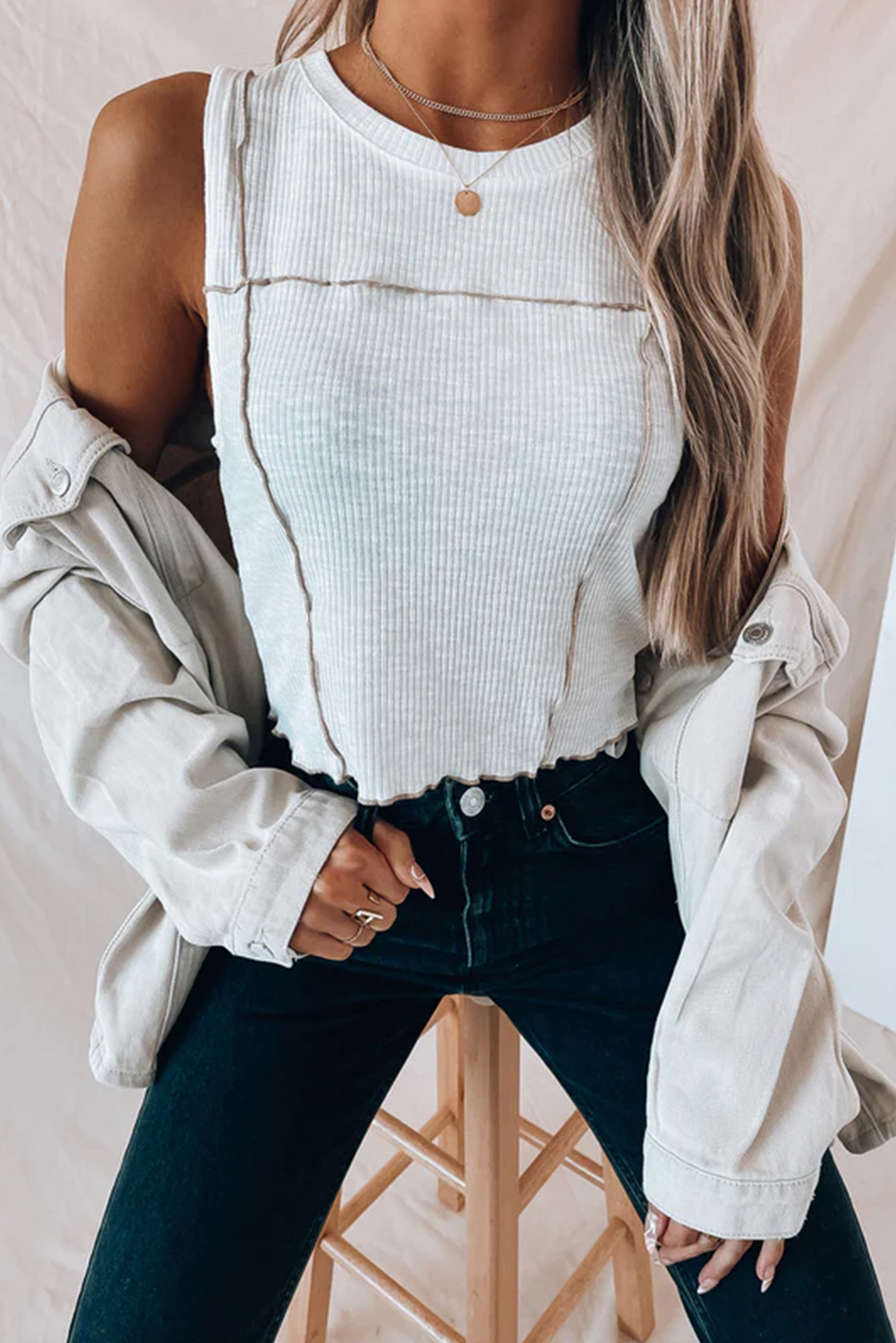 $3.13 White Contrast Seams Ribbed Tank Top Wholesale