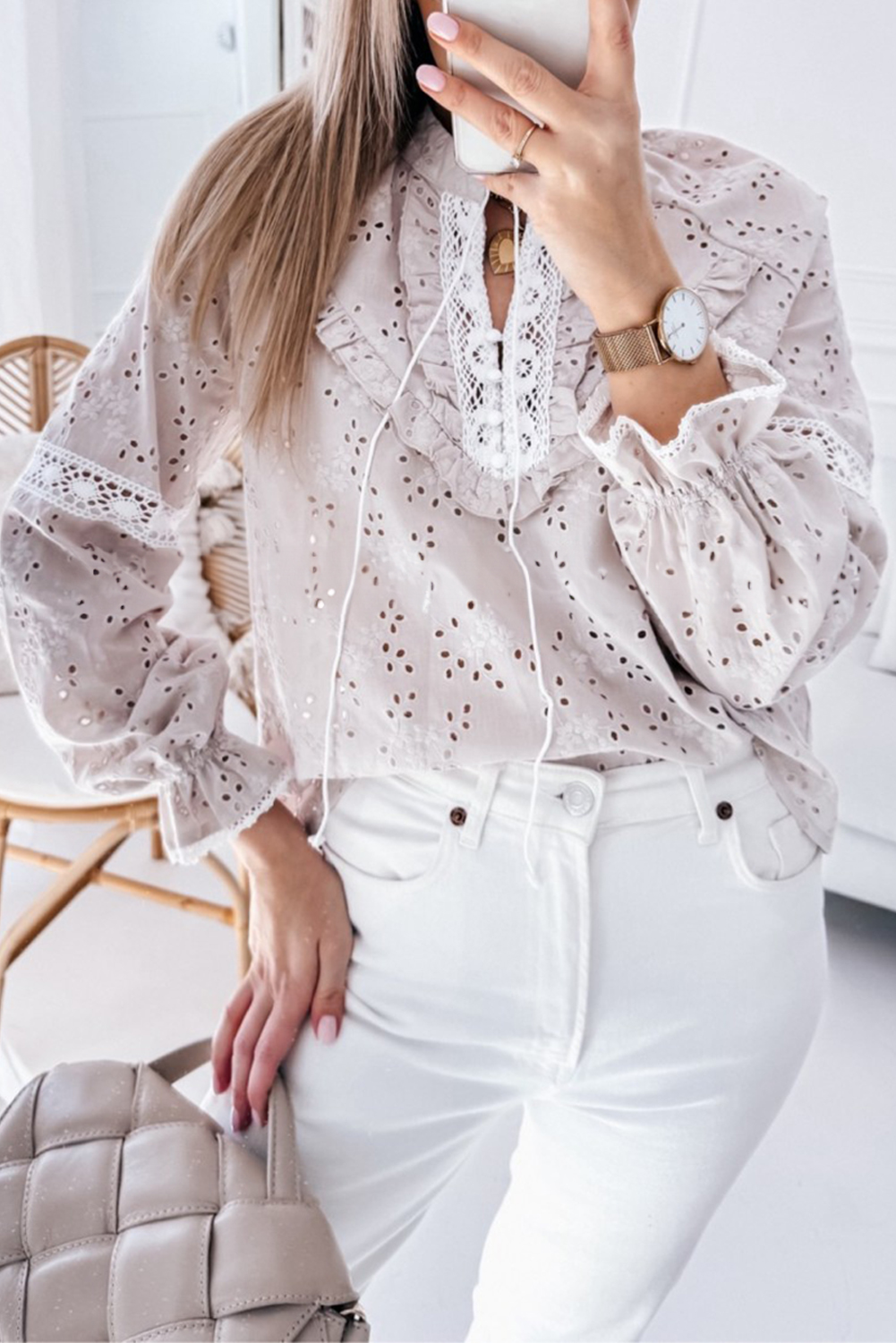 $9.89 Jet Stream Lace Embroidered Flounce Sleeve Buttoned Neck Blouse ...