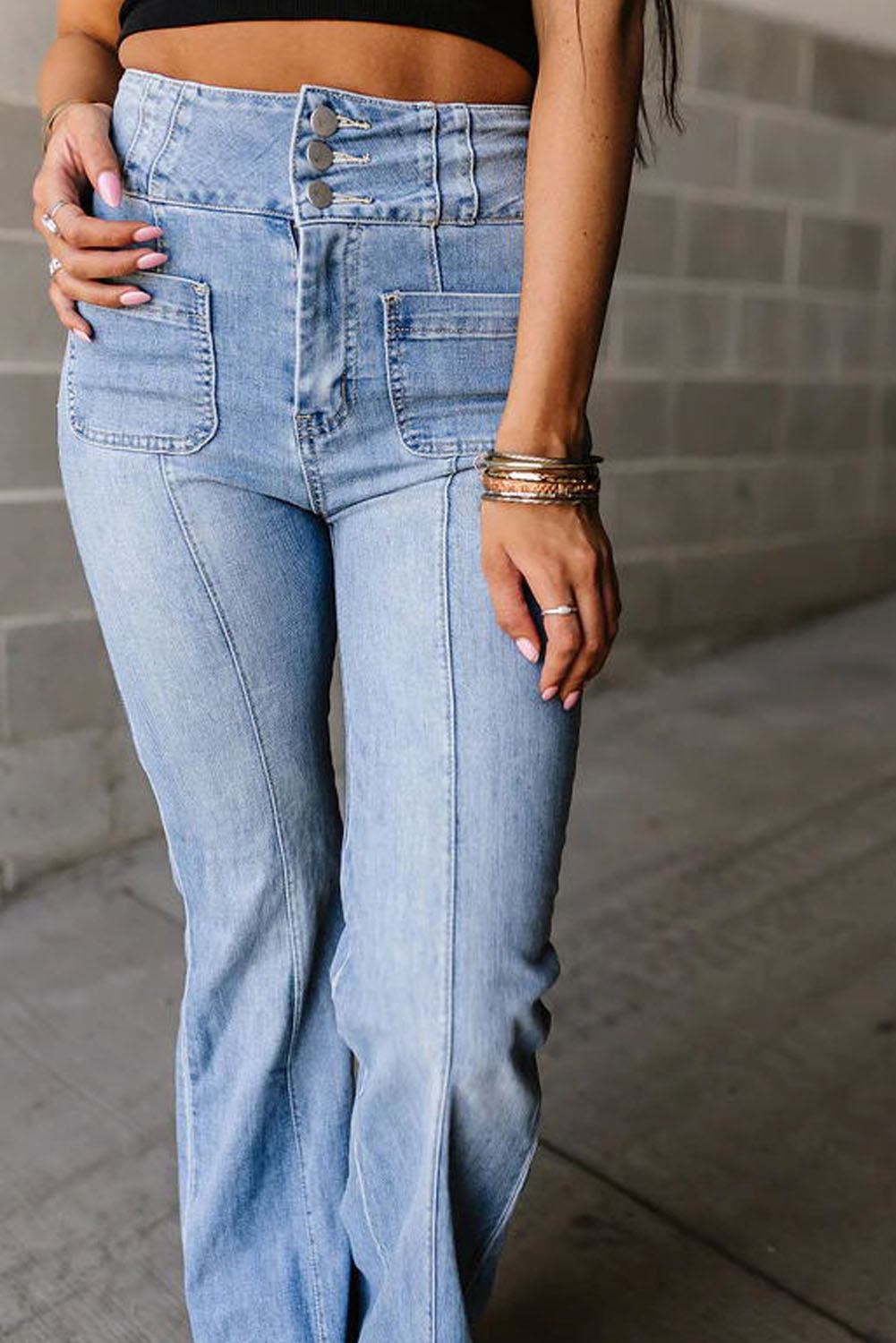 $12.21 Light Blue Fly Button Exposed Seam Patched Pocket Flare Jeans ...