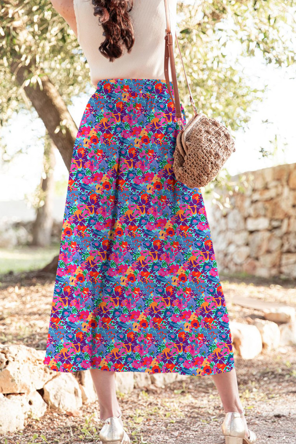 $7.98 Blue Floral Split Long Skirt Wholesale