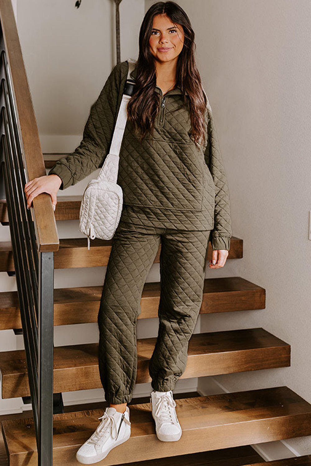 $12.98 Moss Green Quilted Quarter Zip Kangaroo Pocket Top Jogger Pants ...
