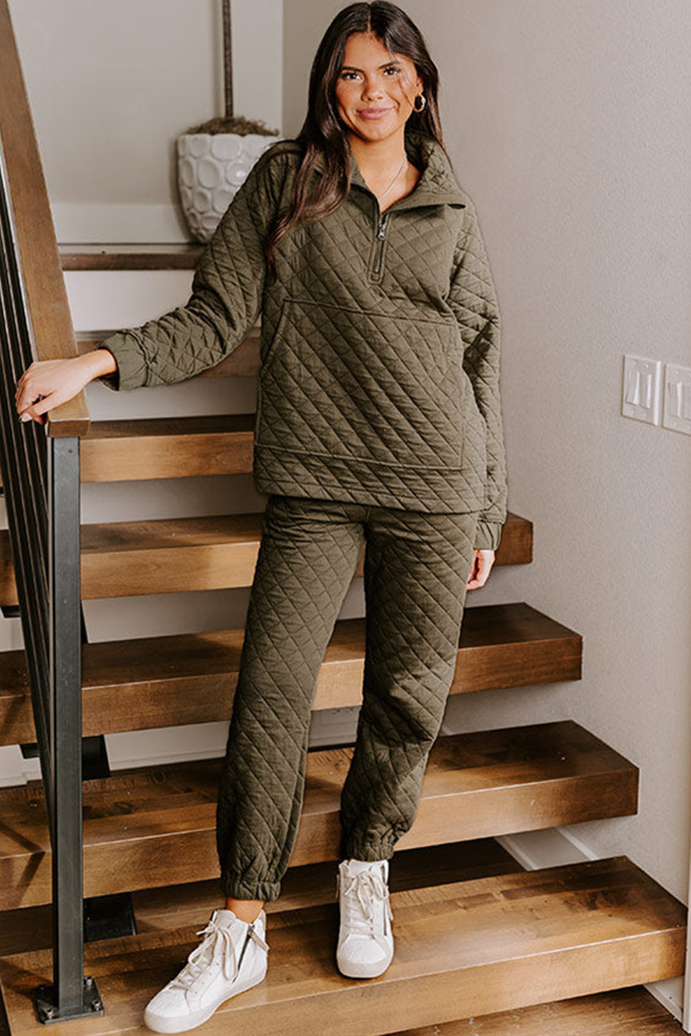 $12.98 Moss Green Quilted Quarter Zip Kangaroo Pocket Top Jogger Pants ...