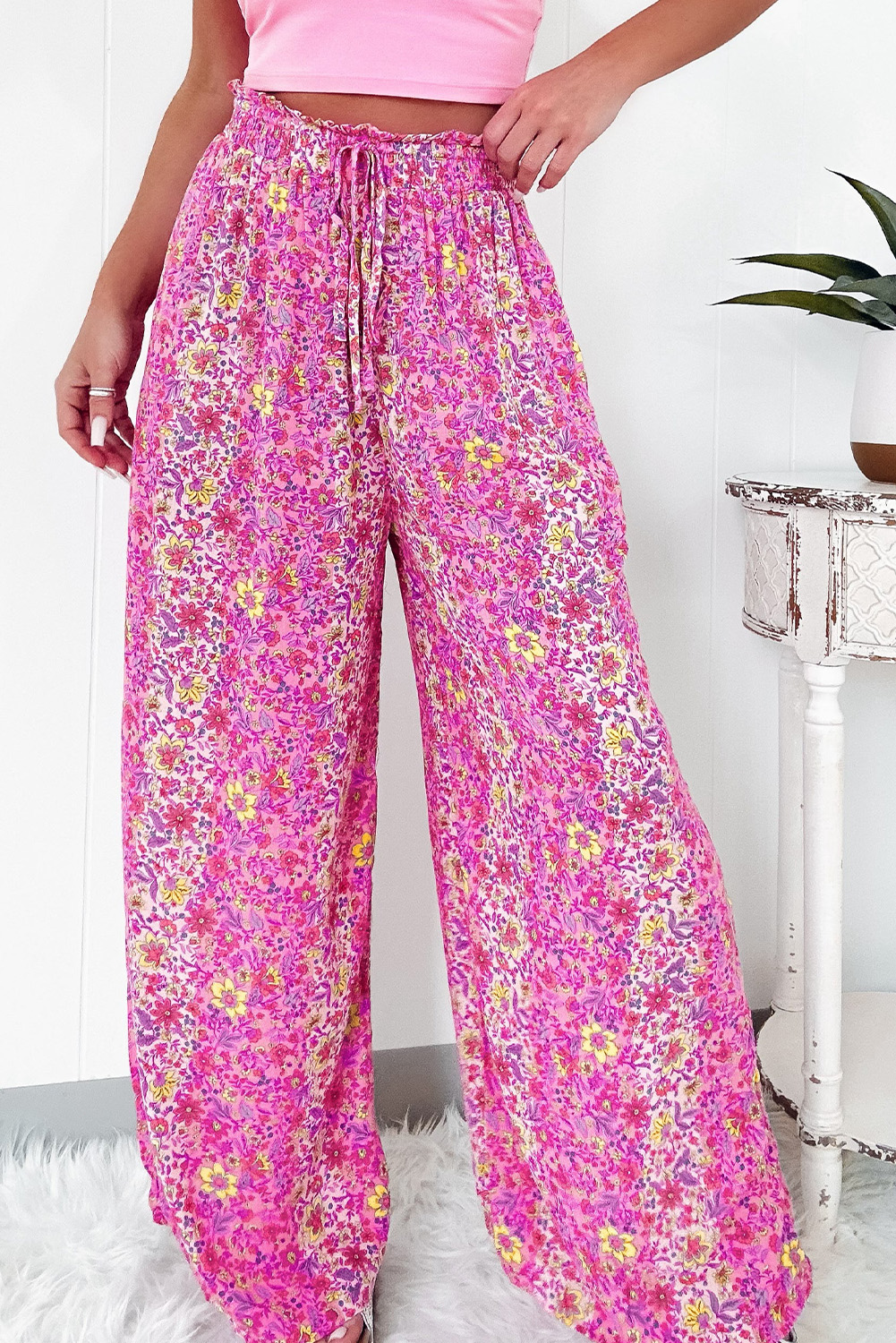 $6.89 Pink Floral Print Frilly Drawstring Waist Wide Leg Pants Wholesale