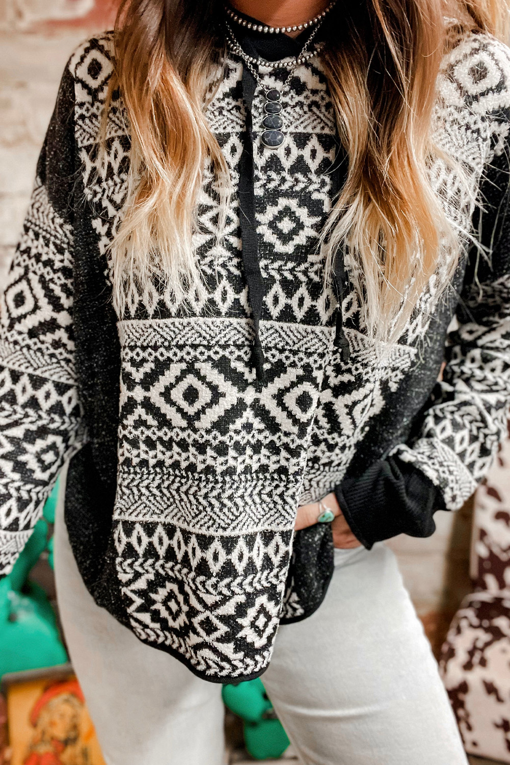 $9.69 Black Western Aztec Print Pullover Hooded Sweater Wholesale