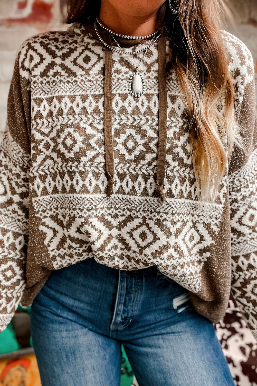 $9.69 Dark Khaki Western Aztec Print Pullover Hooded Sweater Wholesale