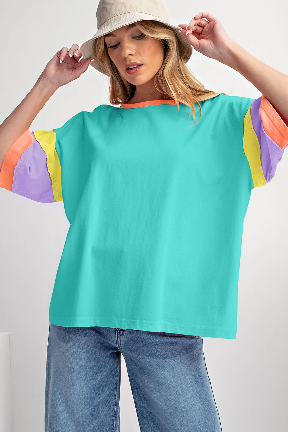 $5.55 Light Blue Color Block Stitching Sleeve Round Neck Oversize Top ...