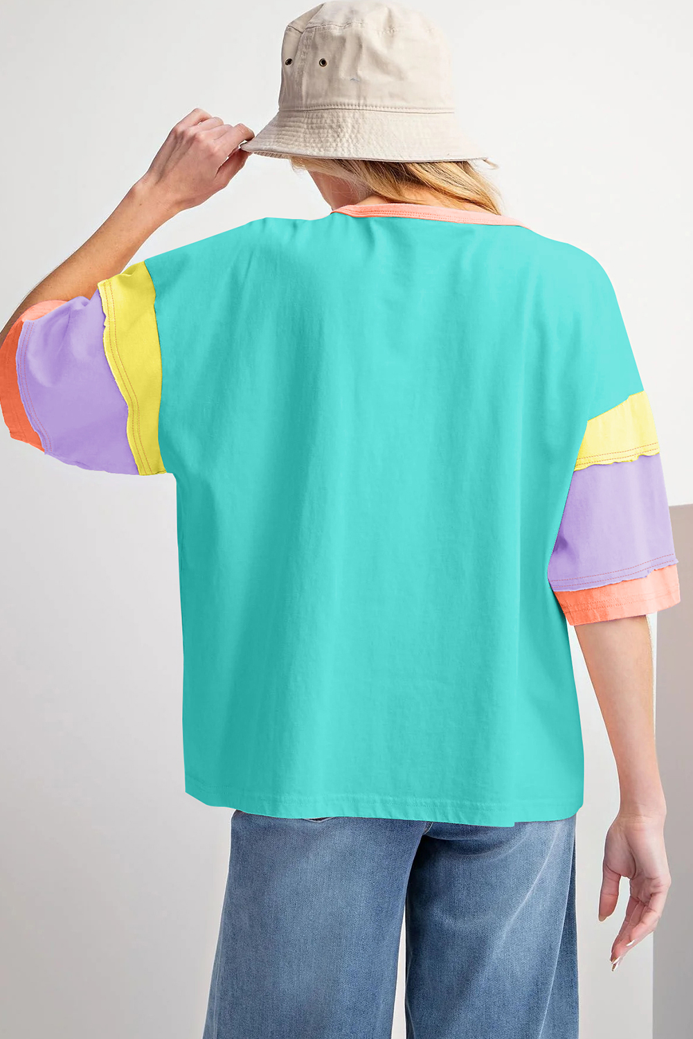 $5.55 Light Blue Color Block Stitching Sleeve Round Neck Oversize Top ...