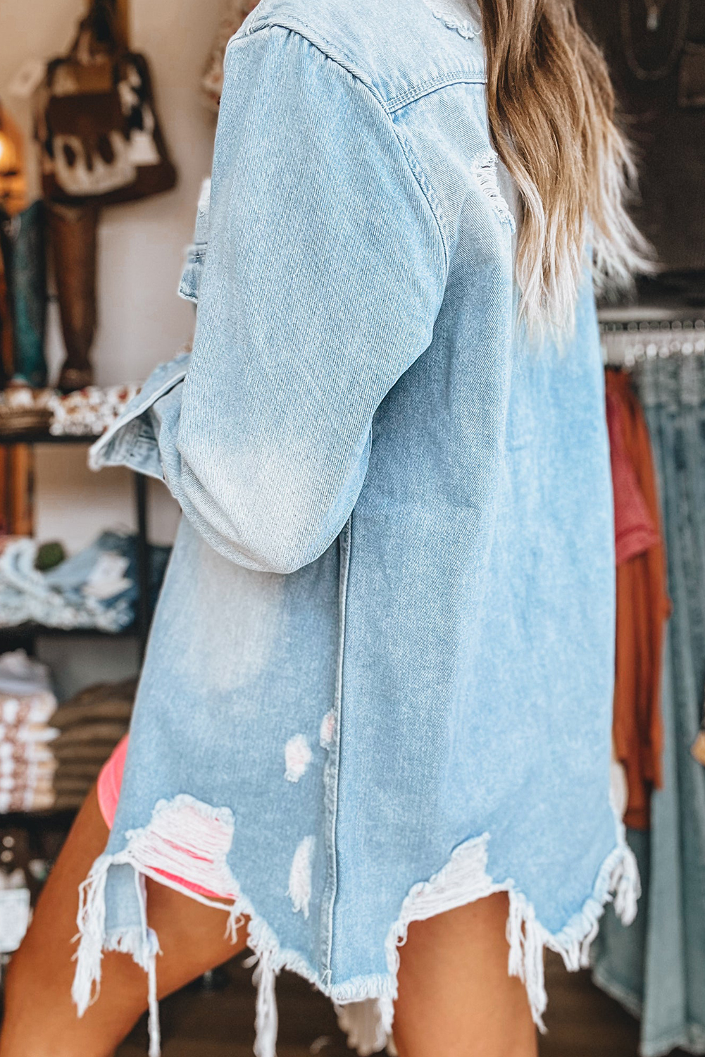 $14.35 Beau Blue Mineral Wash Distressed Frayed Long Denim Jacket Wholesale