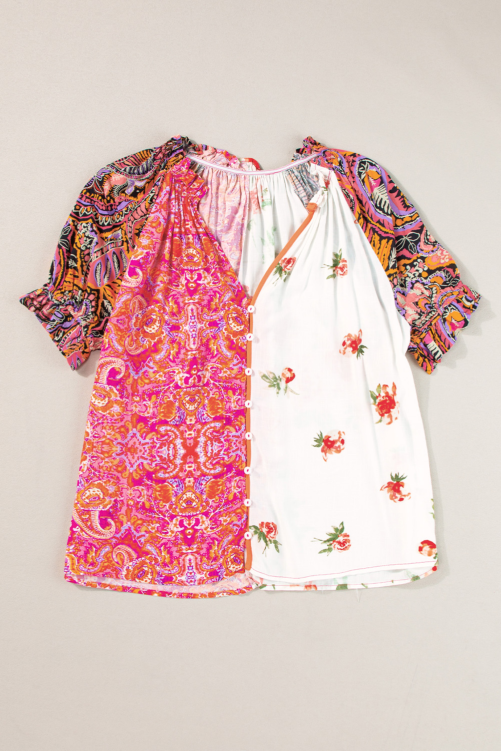 $6.08 Multicolour Boho Floral Patchwork Buttoned Short Sleeve Blouse ...