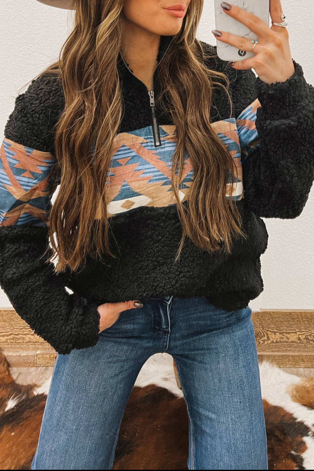 $9.29 Black Western Aztec Sherpa Zipped Pullover Sweatshirt Wholesale