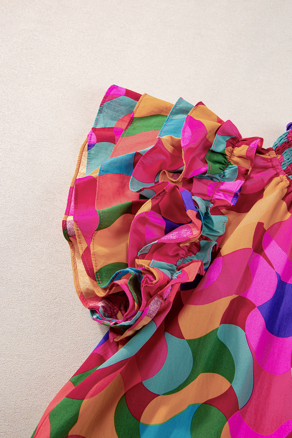 $11.04 Rose Red Dramatic Ruffle Sleeve Smock Neck Wavy Print Top Wholesale