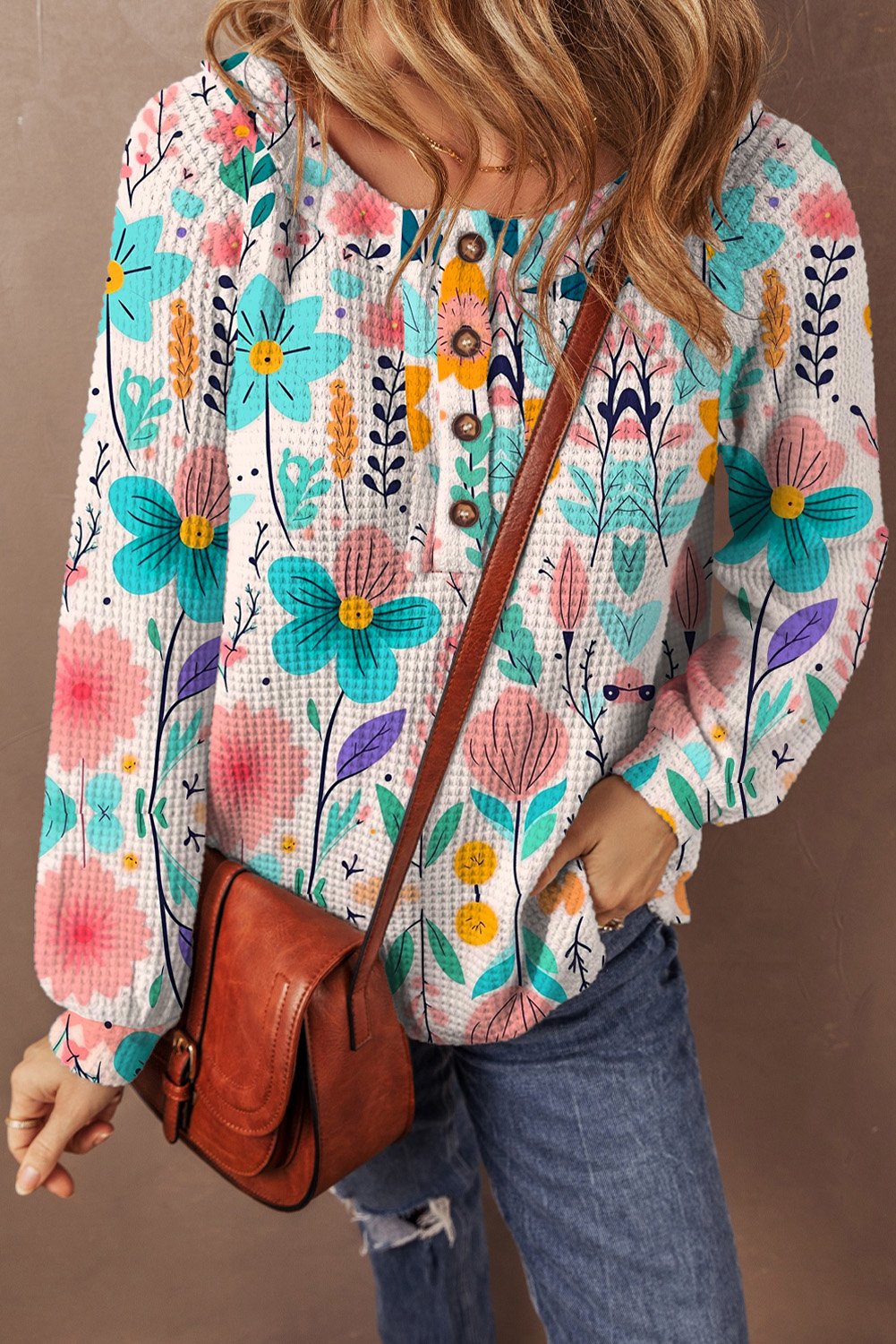$7.3 Sky Blue Flower Print Waffle Knit Henley Top Wholesale