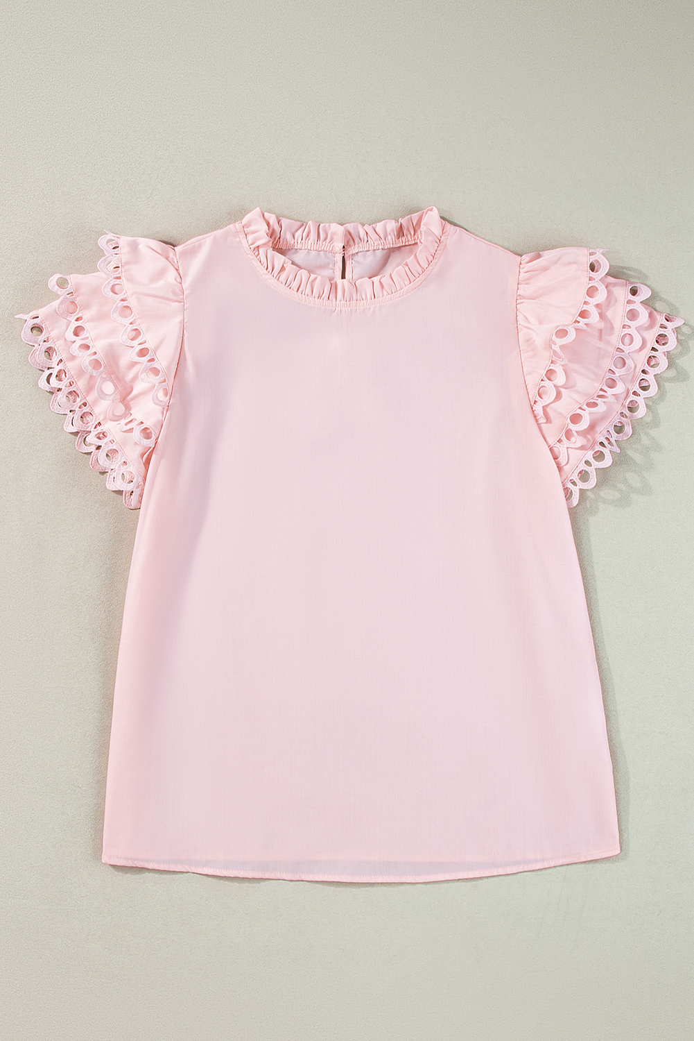 $5.85 Light Pink Layered Ric Rac Cap Sleeve Frilled Neck Blouse Wholesale