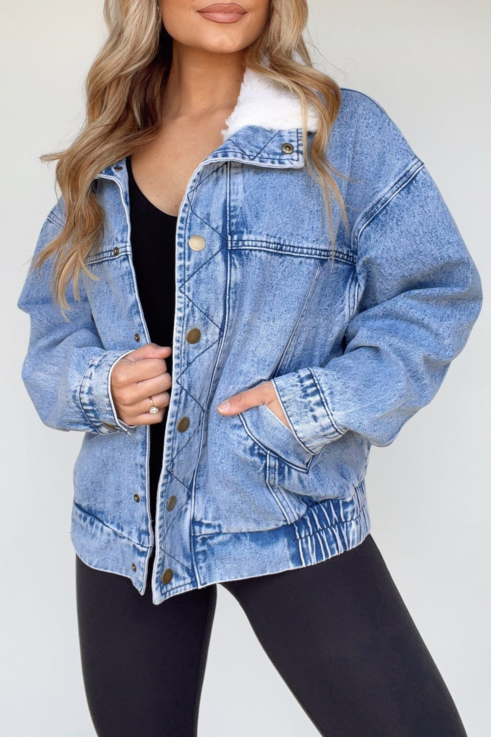 $15.69 Sky Blue Sherpa Collar Acid Wash Snap Button Denim Jacket Wholesale