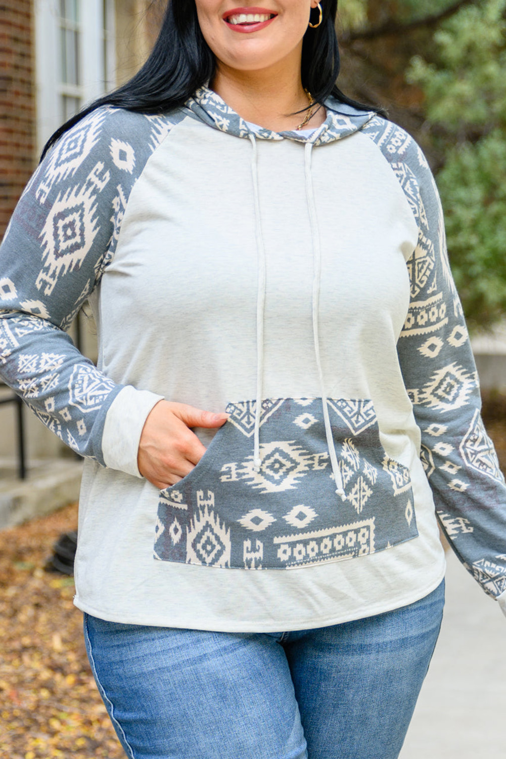 $7.98 Gray Aztec Patchwork Kangaroo Pocket Plus Size Hoodie Wholesale