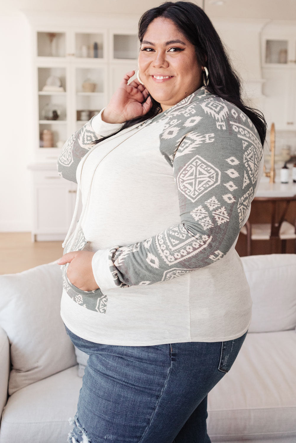 $7.98 Gray Aztec Patchwork Kangaroo Pocket Plus Size Hoodie Wholesale