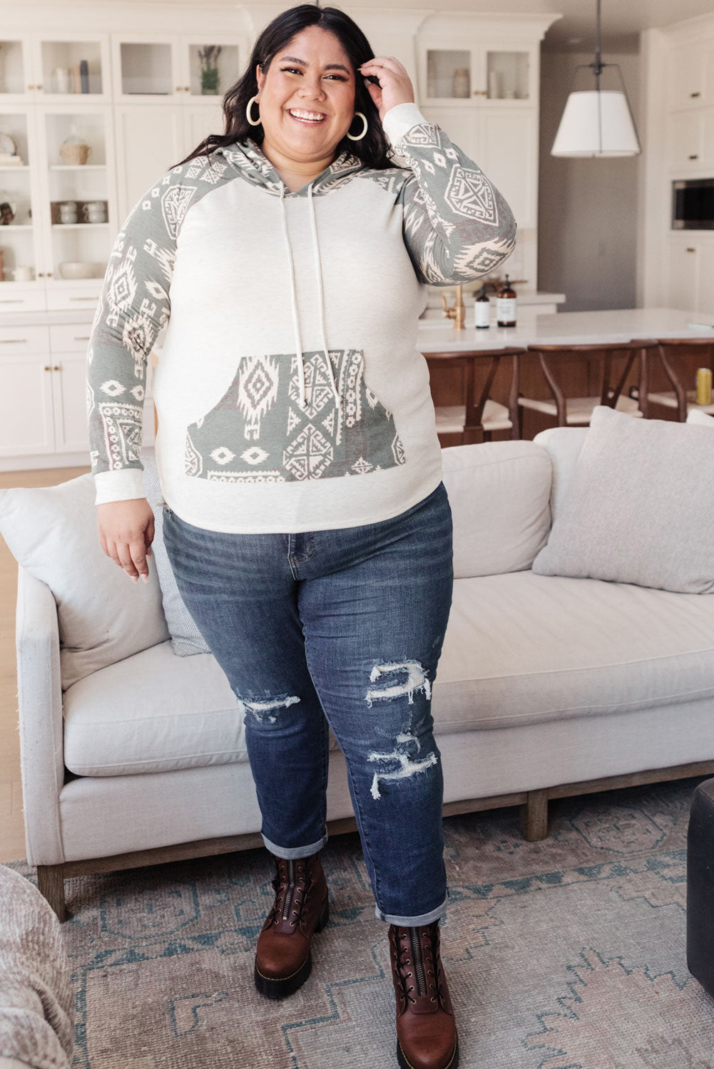 $7.98 Gray Aztec Patchwork Kangaroo Pocket Plus Size Hoodie Wholesale
