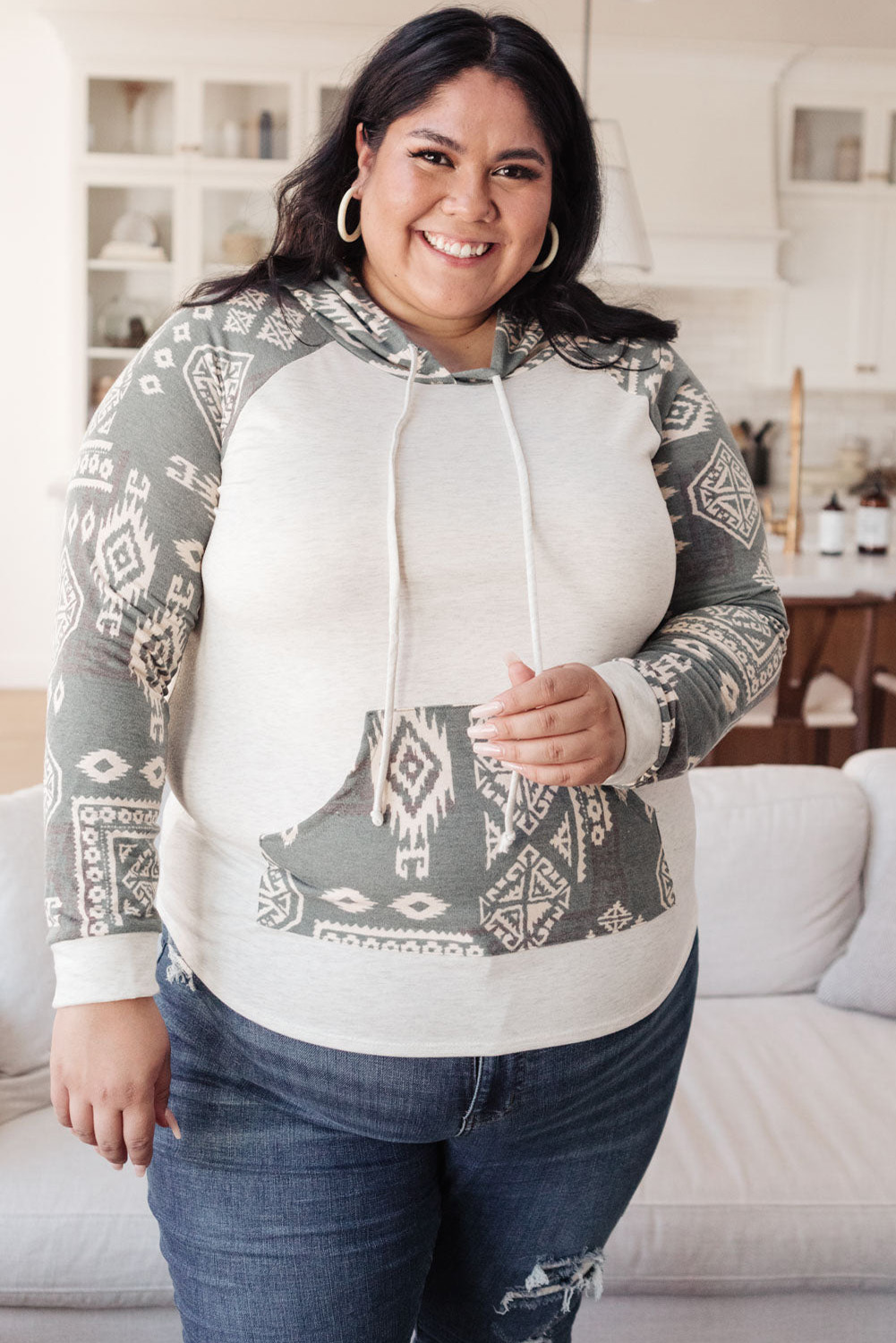 $7.98 Gray Aztec Patchwork Kangaroo Pocket Plus Size Hoodie Wholesale