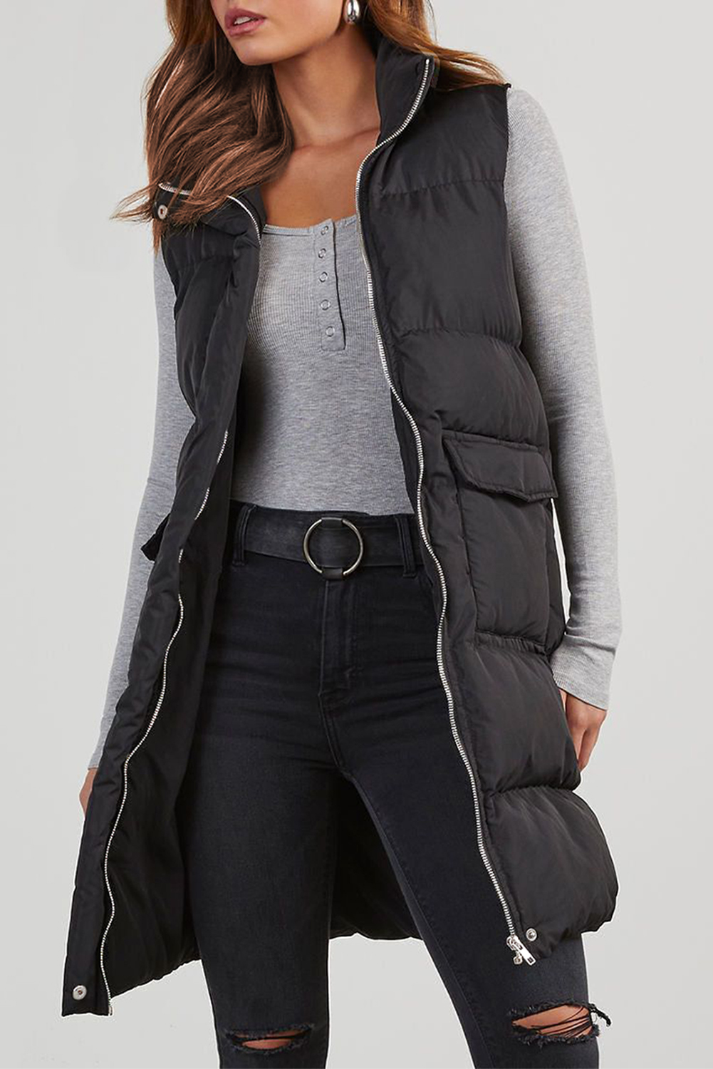 $16.3 Black Windproof Longline Full Zipper Puffer Vest with Pockets ...