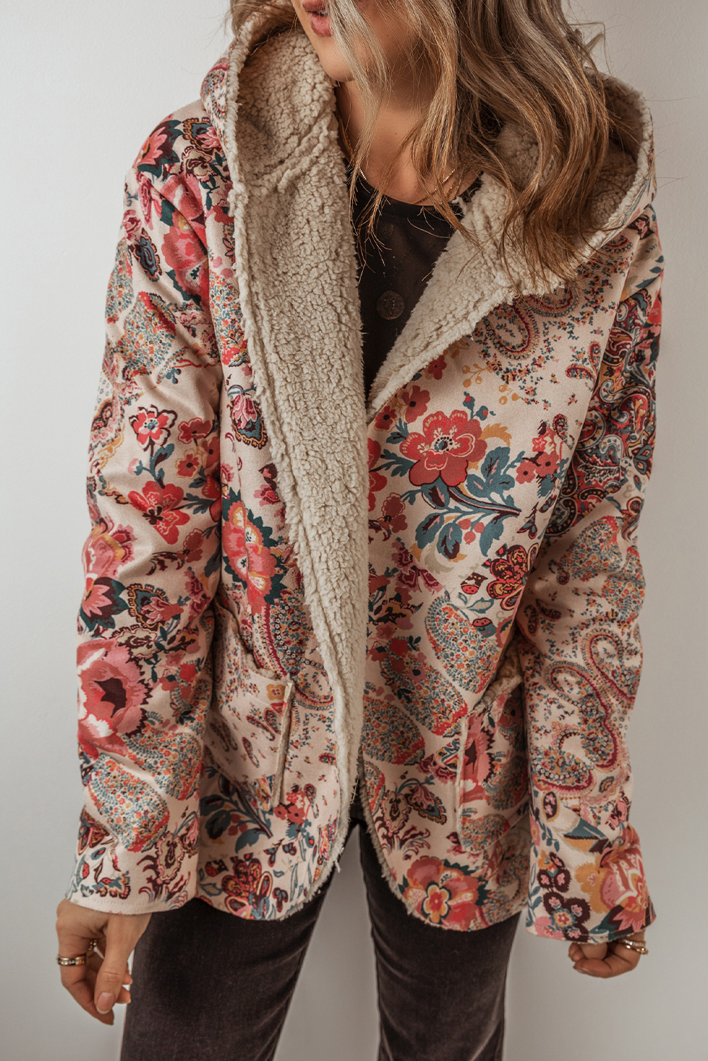 $10.35 Beige Vintage Paisley Floral Printed Sherpa Lined Hooded Jacket ...