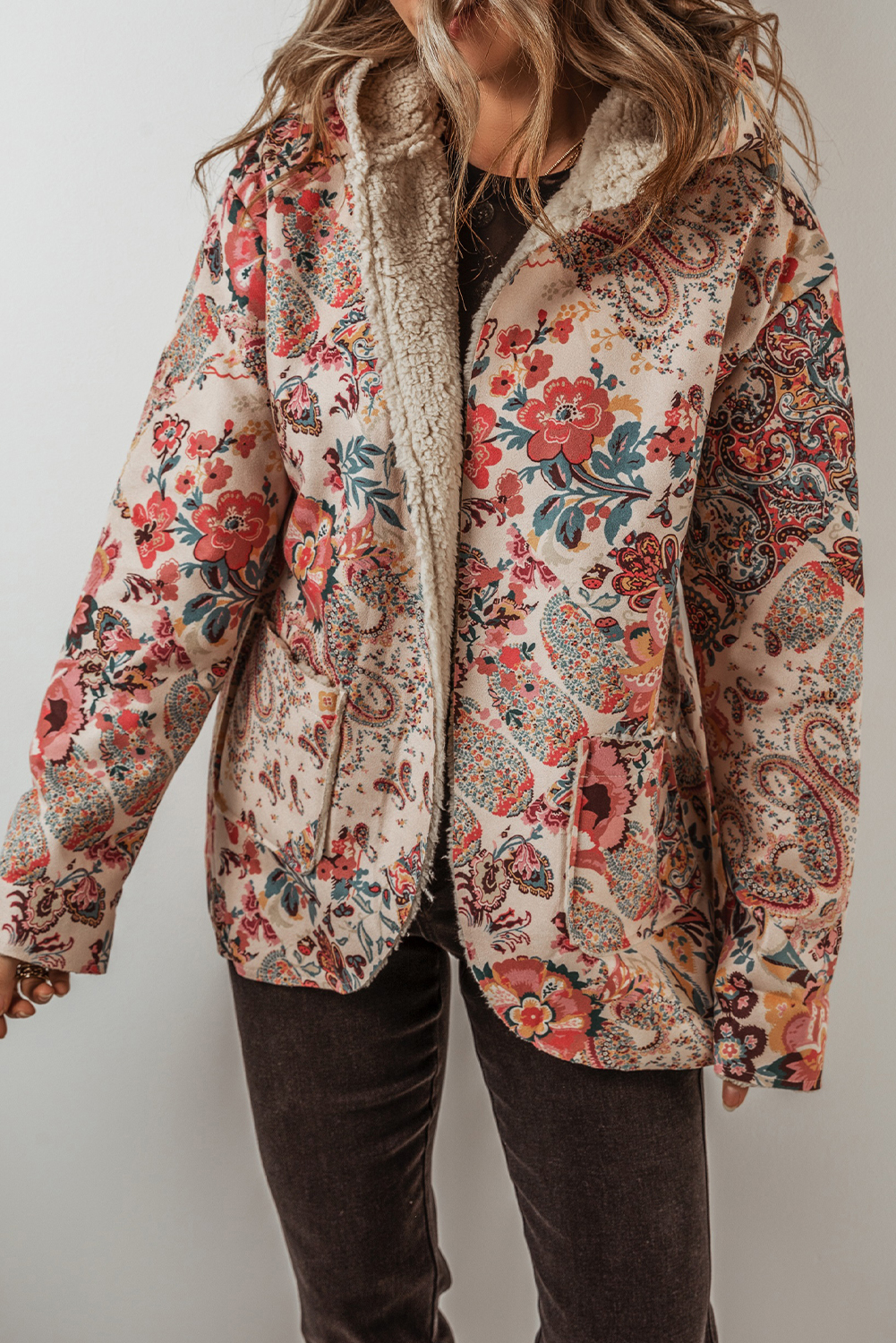 $10.35 Beige Vintage Paisley Floral Printed Sherpa Lined Hooded Jacket ...