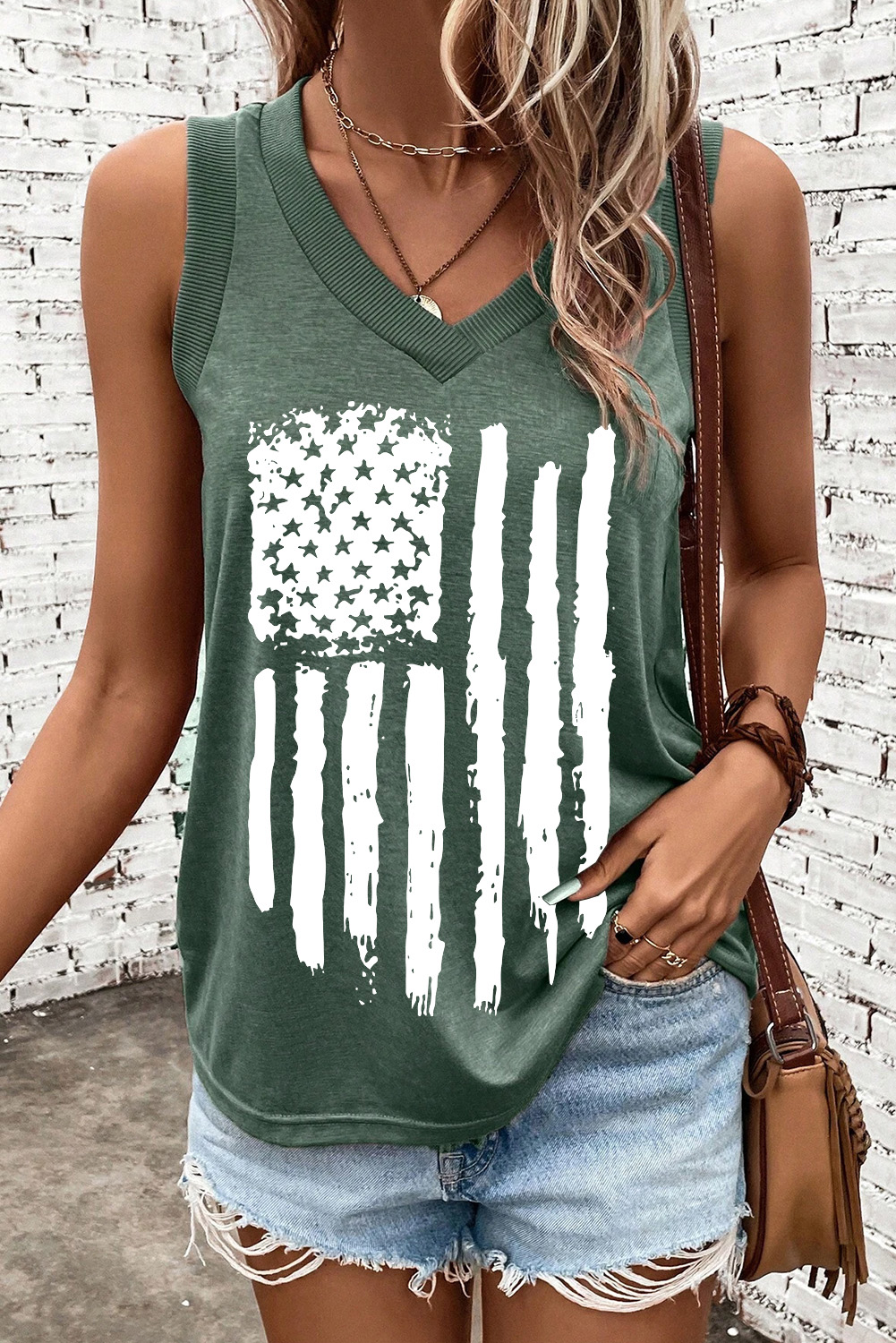 $5.25 Mist Green Frayed American Flag Printed V Neck Tank Top Wholesale