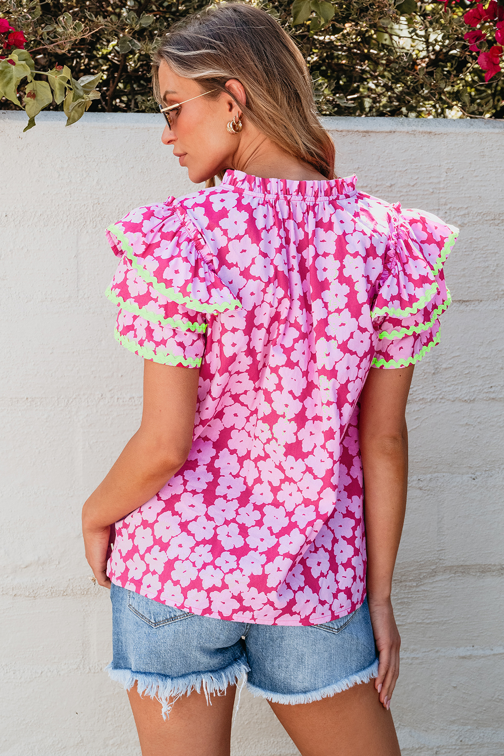 $8.32 Pink Floral Contrast Ric Rac Layered Ruffle Sleeve Blouse Wholesale