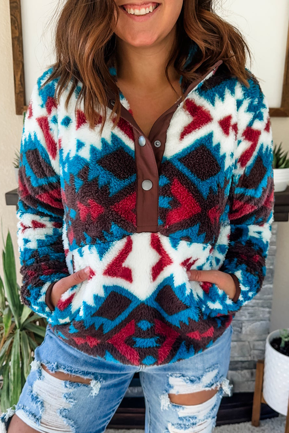 $10.29 Blue Aztec Fleece Western Hoodie Wholesale