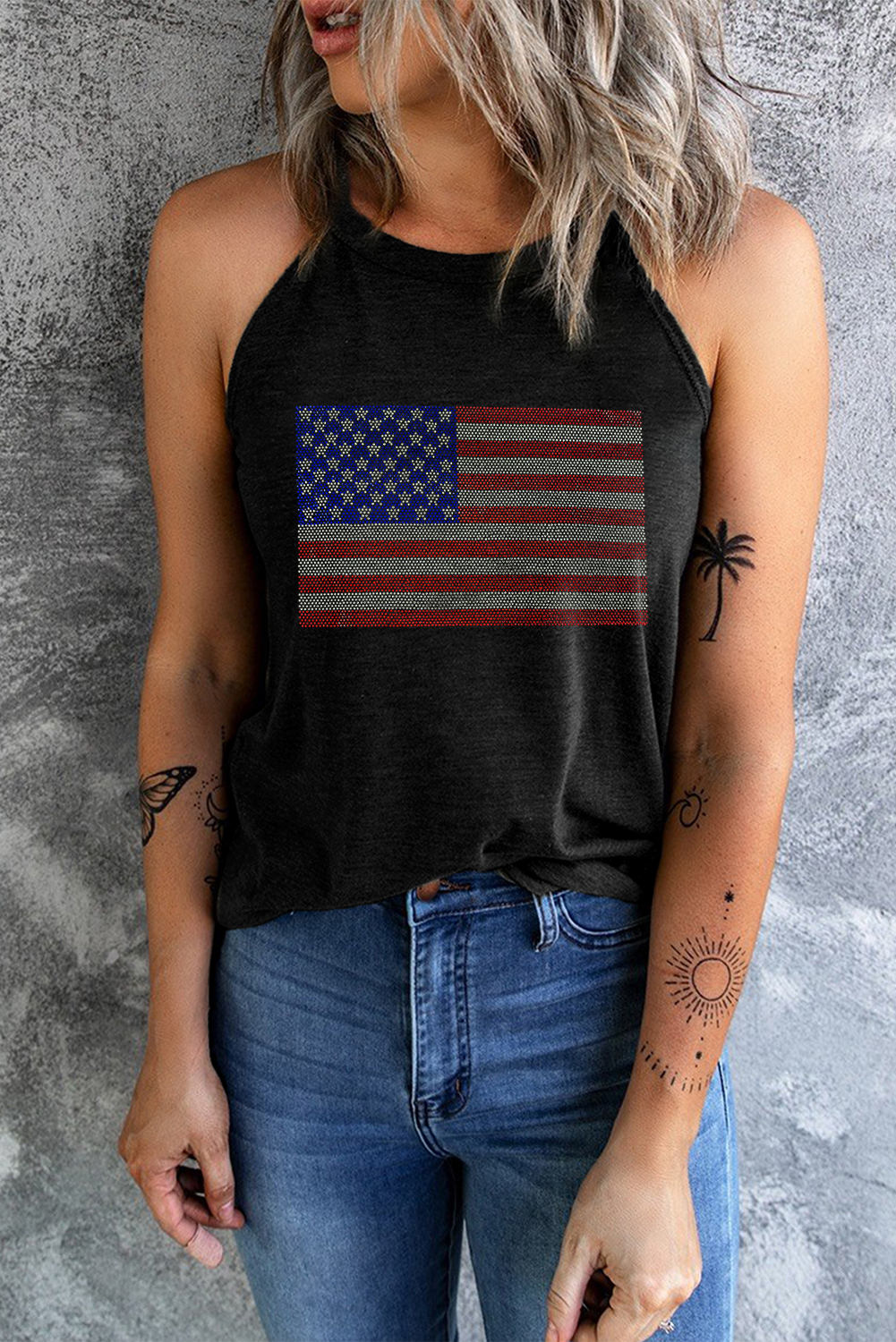 $4.85 Black Rhinestone American Flag Graphic Tank Top Wholesale