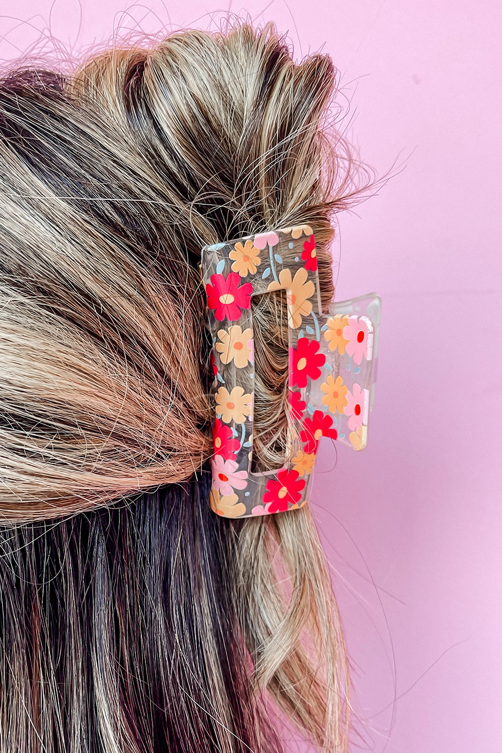 $1.95 Red Floral Print Clear Plastic Square Hair Claw Clip Wholesale