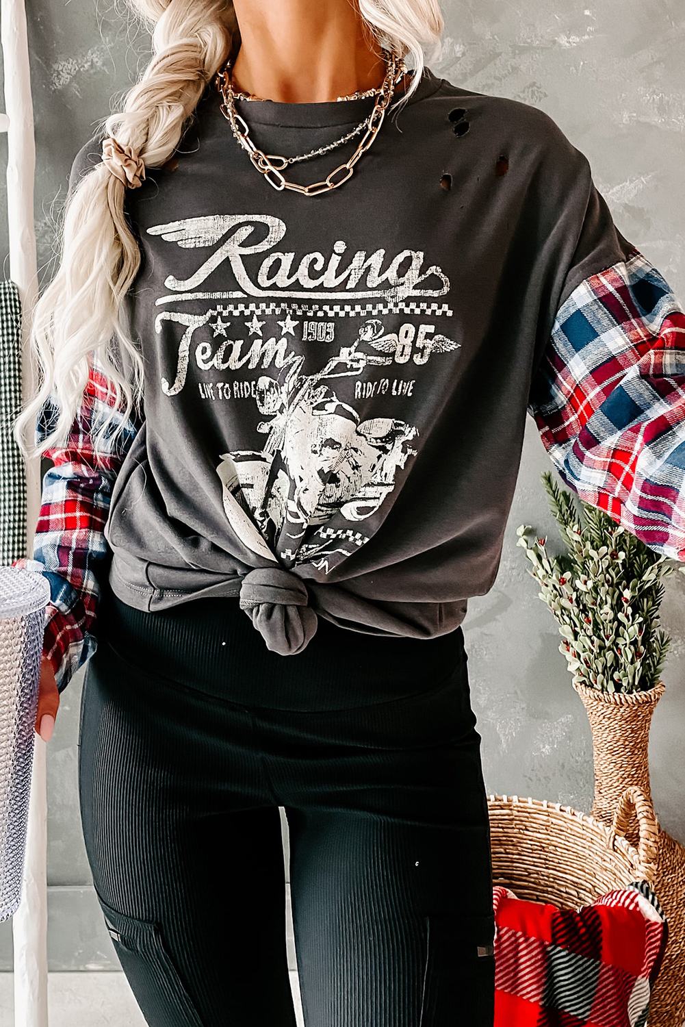 $7.29 Dark Grey Motorcycle Graphic Plsid Patchwork Long Sleeve Top ...