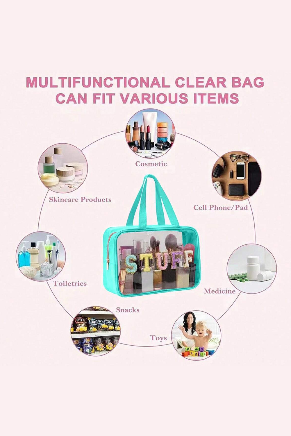 $4.45 Light Blue STUFF Glitter Chenille Patched Transparent Makeup Bag ...