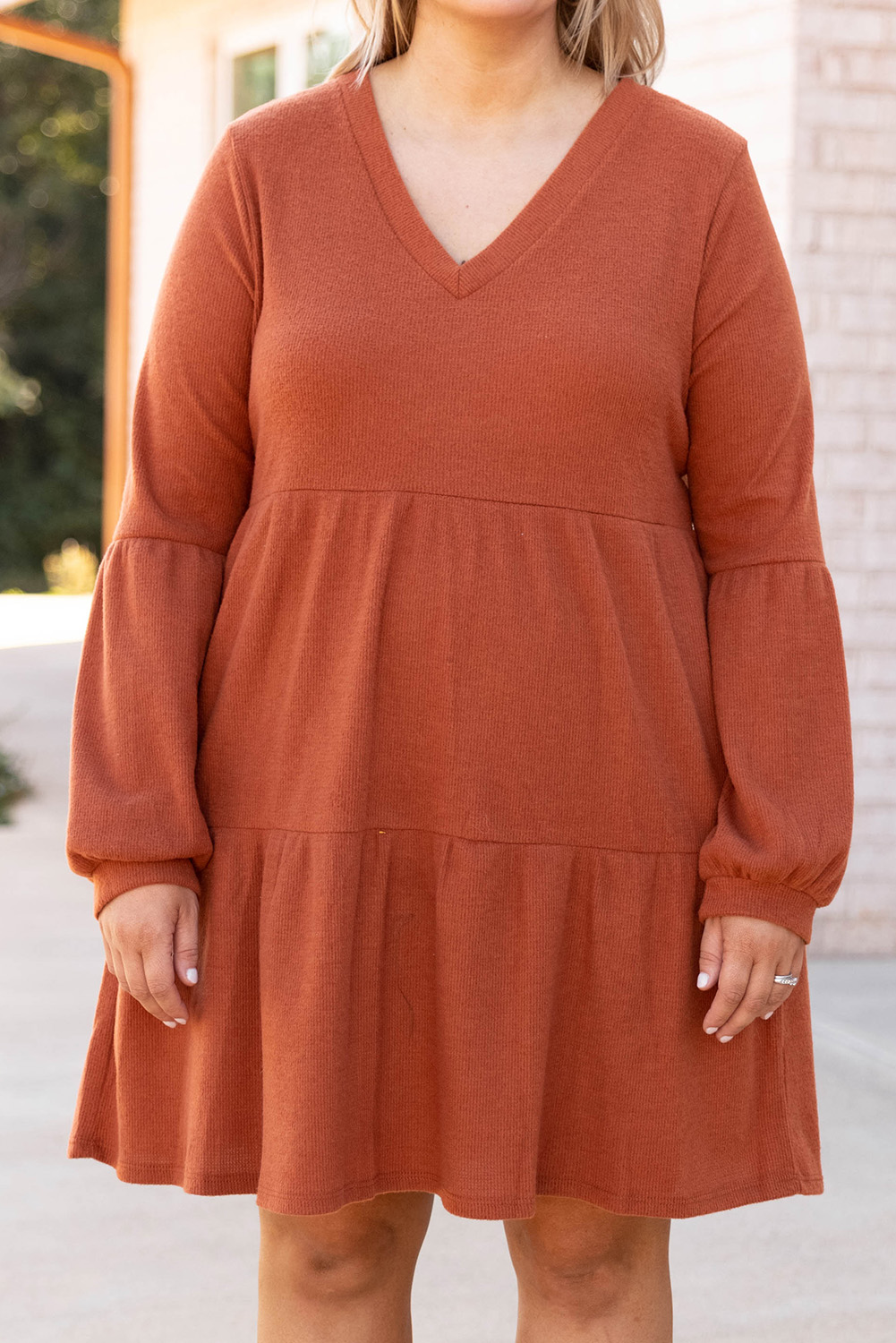 $9.89 Tawny Long Sleeve V Neck Plus Size Tiered Mini Dress Wholesale