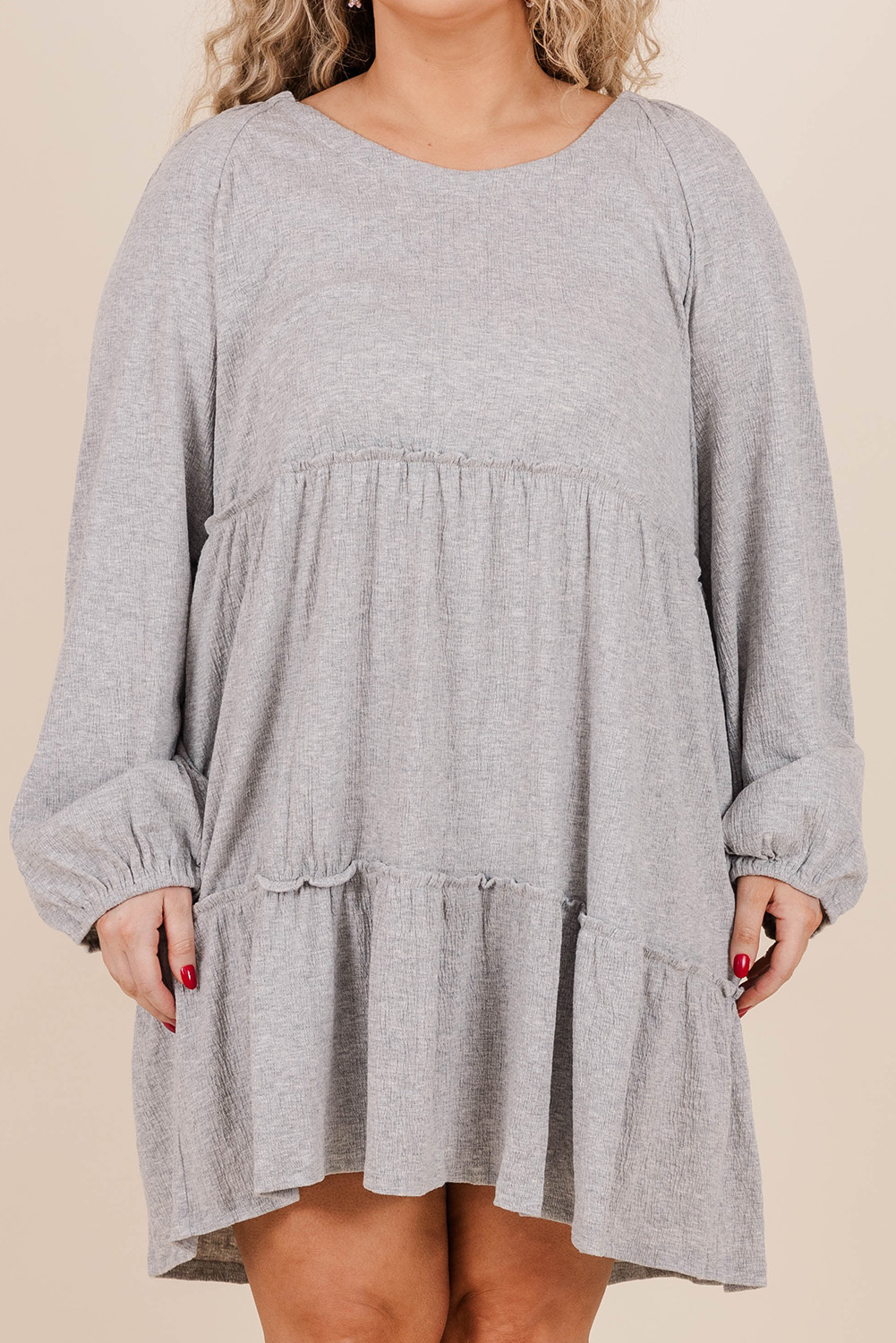 $9.49 Light Grey Frilled Trim Drawstring Open Back Plus Size Mini Dress ...