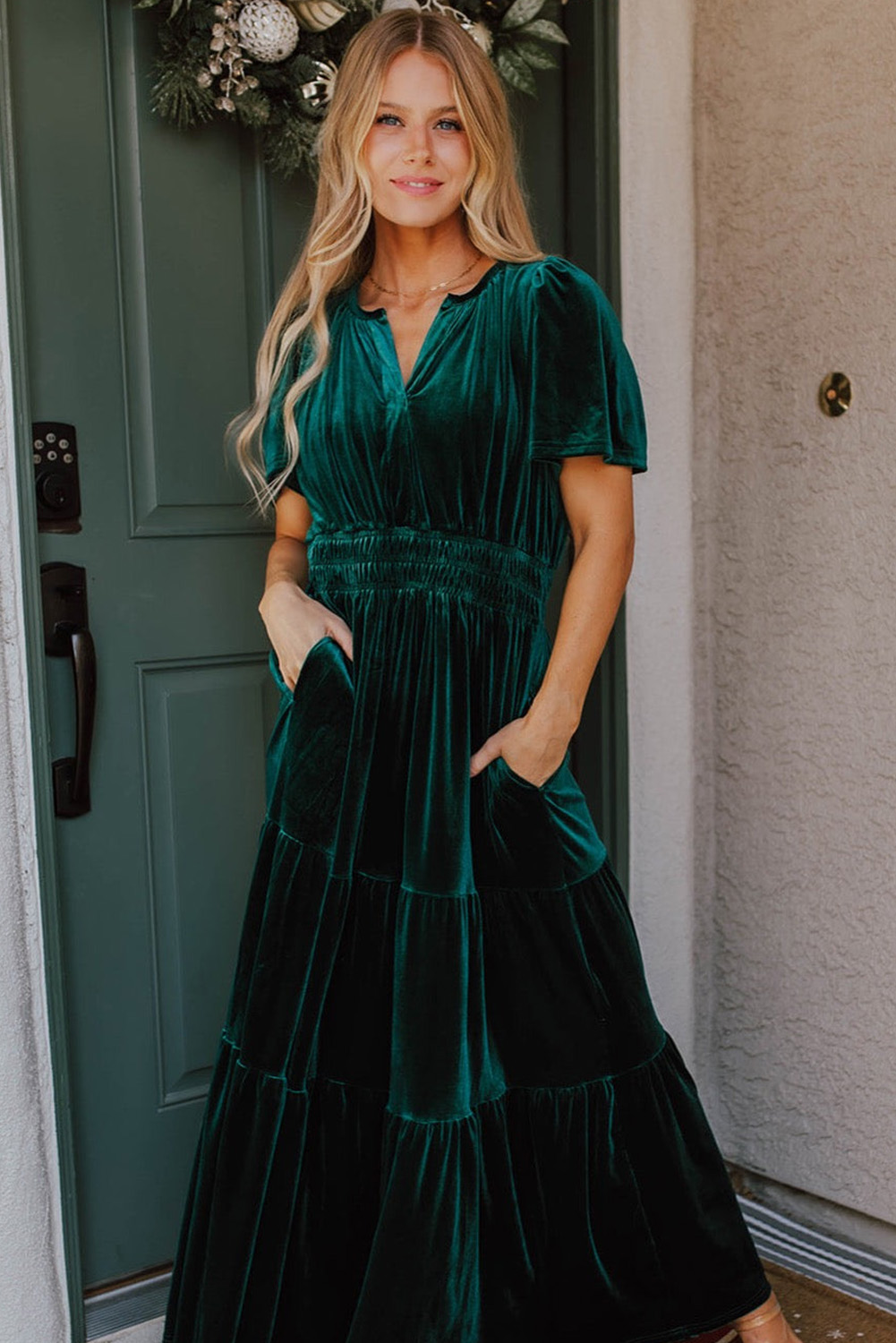 $11.95 Evergreen Velvet Short Sleeve Shirred Waist Tiered Maxi Dress ...