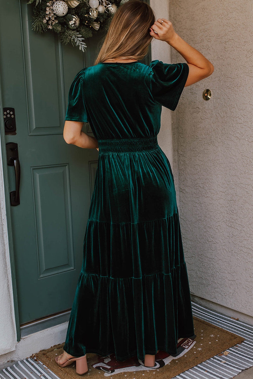 $11.95 Evergreen Velvet Short Sleeve Shirred Waist Tiered Maxi Dress ...