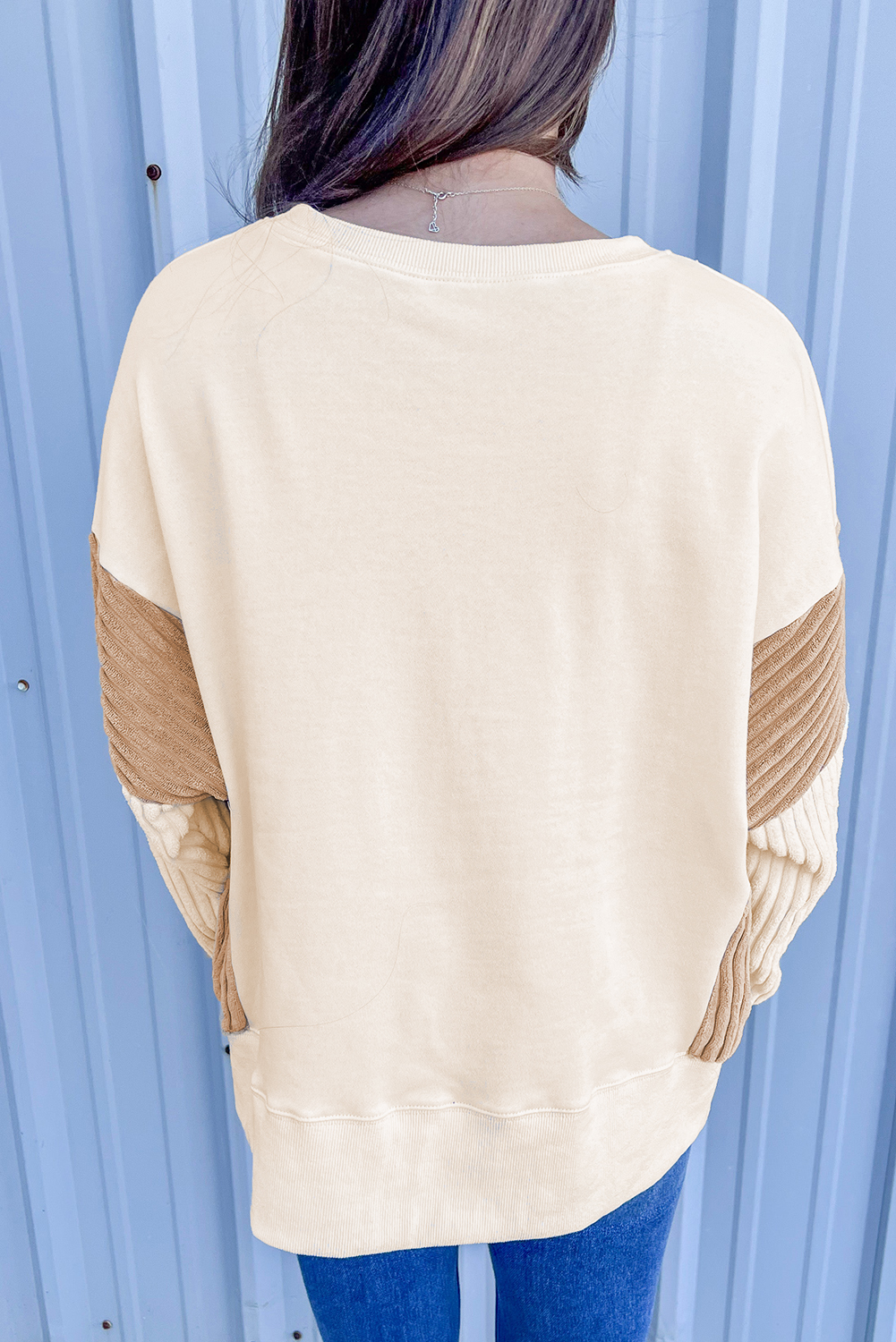$8.35 Apricot Corduroy Patchwork Drop Shoulder Long Sleeve Sweatshirt ...