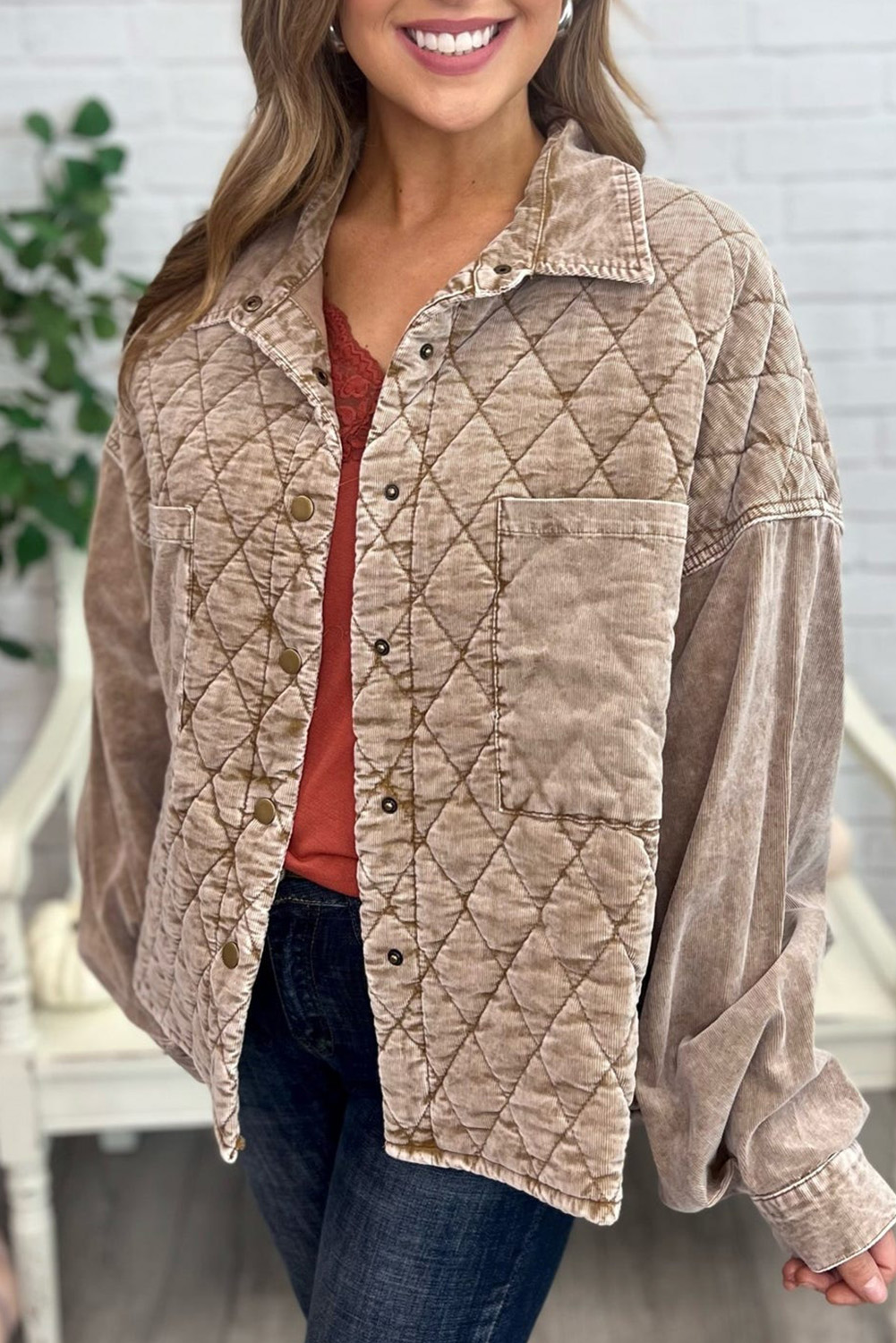 $14.98 Simply Taupe Mineral Wash Quilted Patched Pocket Shacket Wholesale