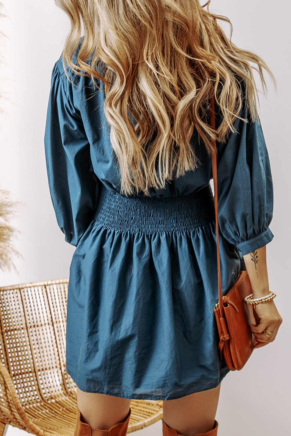 $12.3 Prussian Blue 3/4 Sleeve Shirred High Waist Buttoned Mini Dress ...