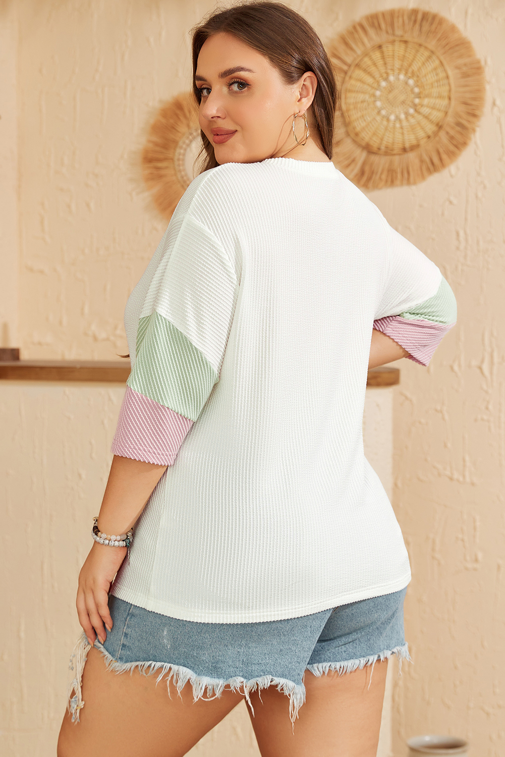 $5.36 White Textured Colorblock Patchwork Half Sleeve Plus T Shirt ...