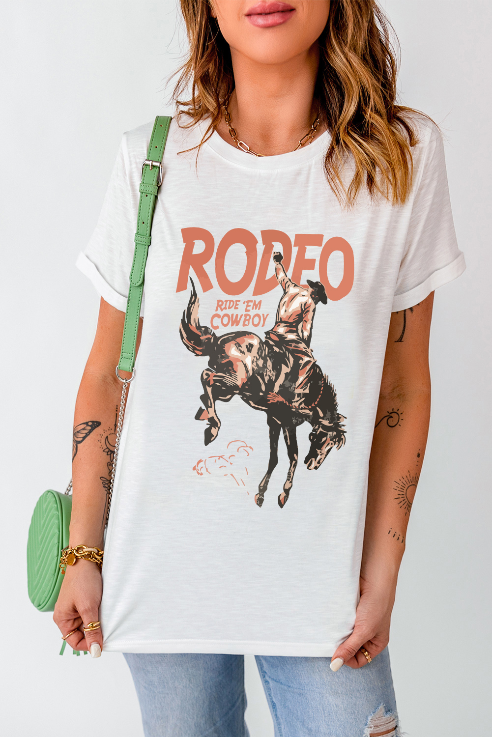 $5.8 White RODEO Cowboy Graphic Crewneck T Shirt Wholesale
