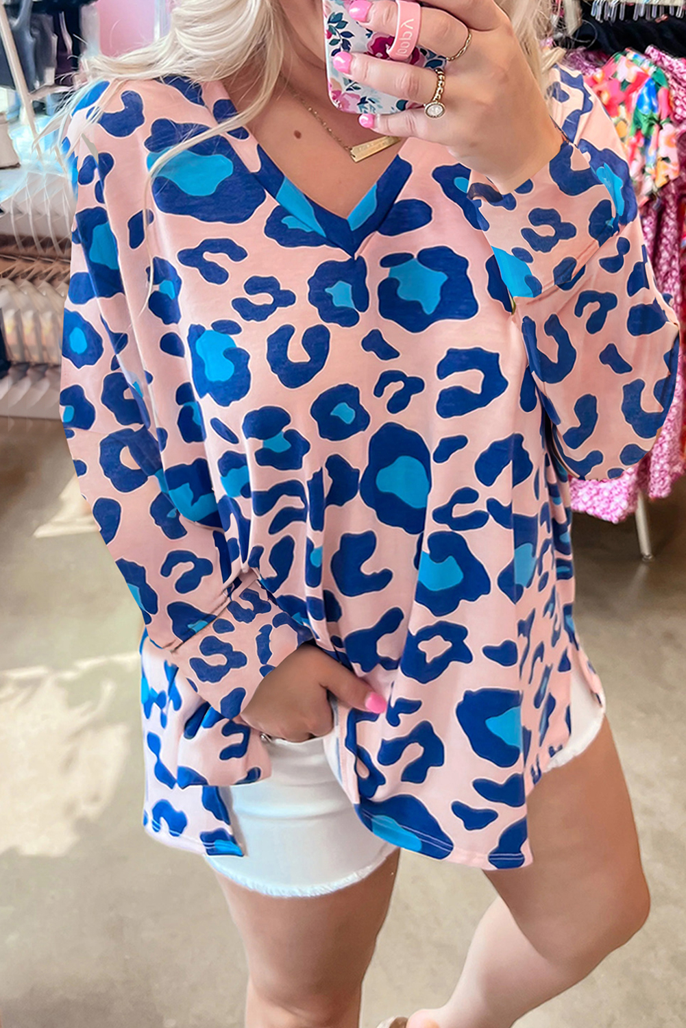 $5.98 Pink Leopard Print Side Splits V Neck Plus Size Top Wholesale