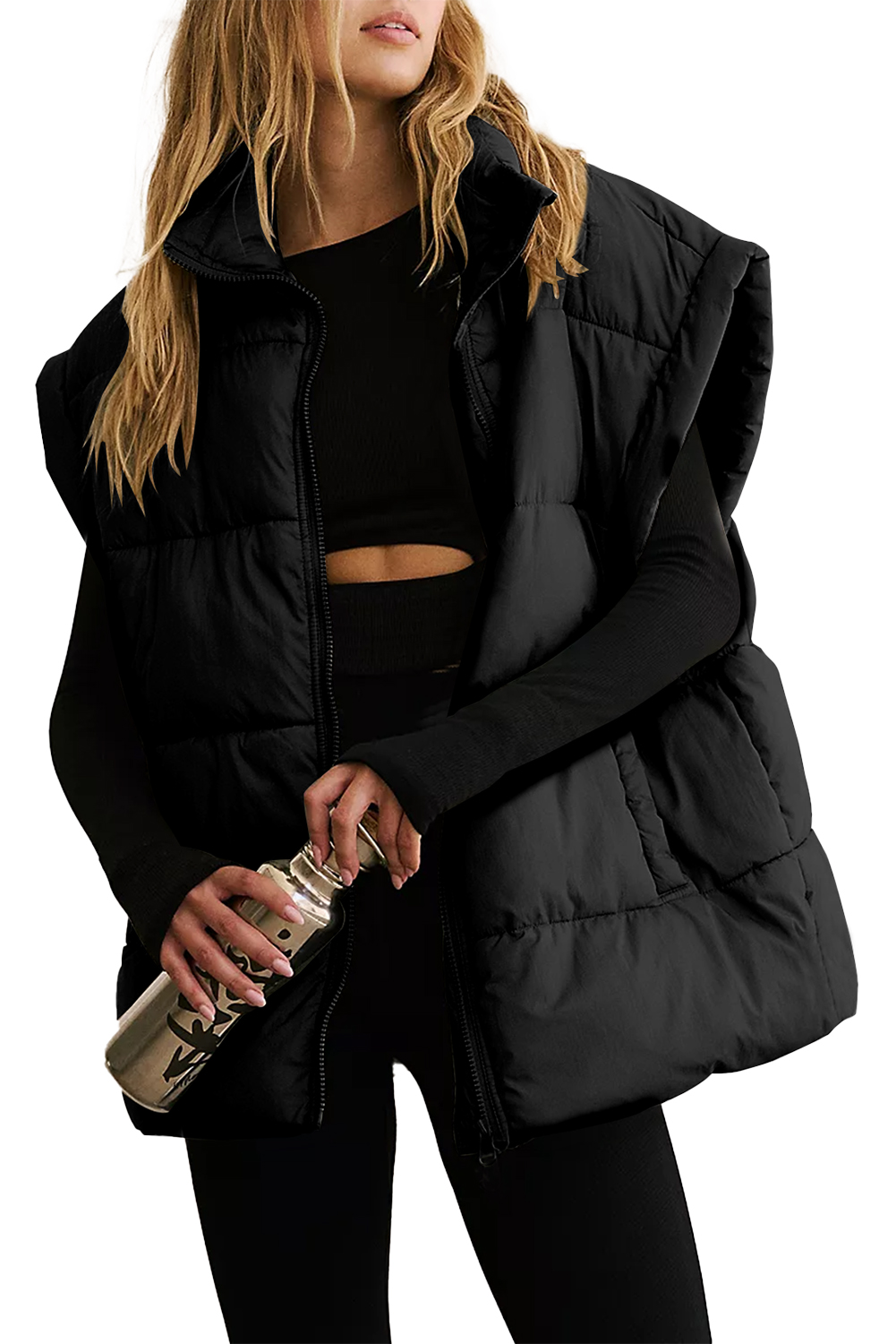 $13.8 Black Solid Zipper Stand Neck Oversized Puffer Vest Wholesale